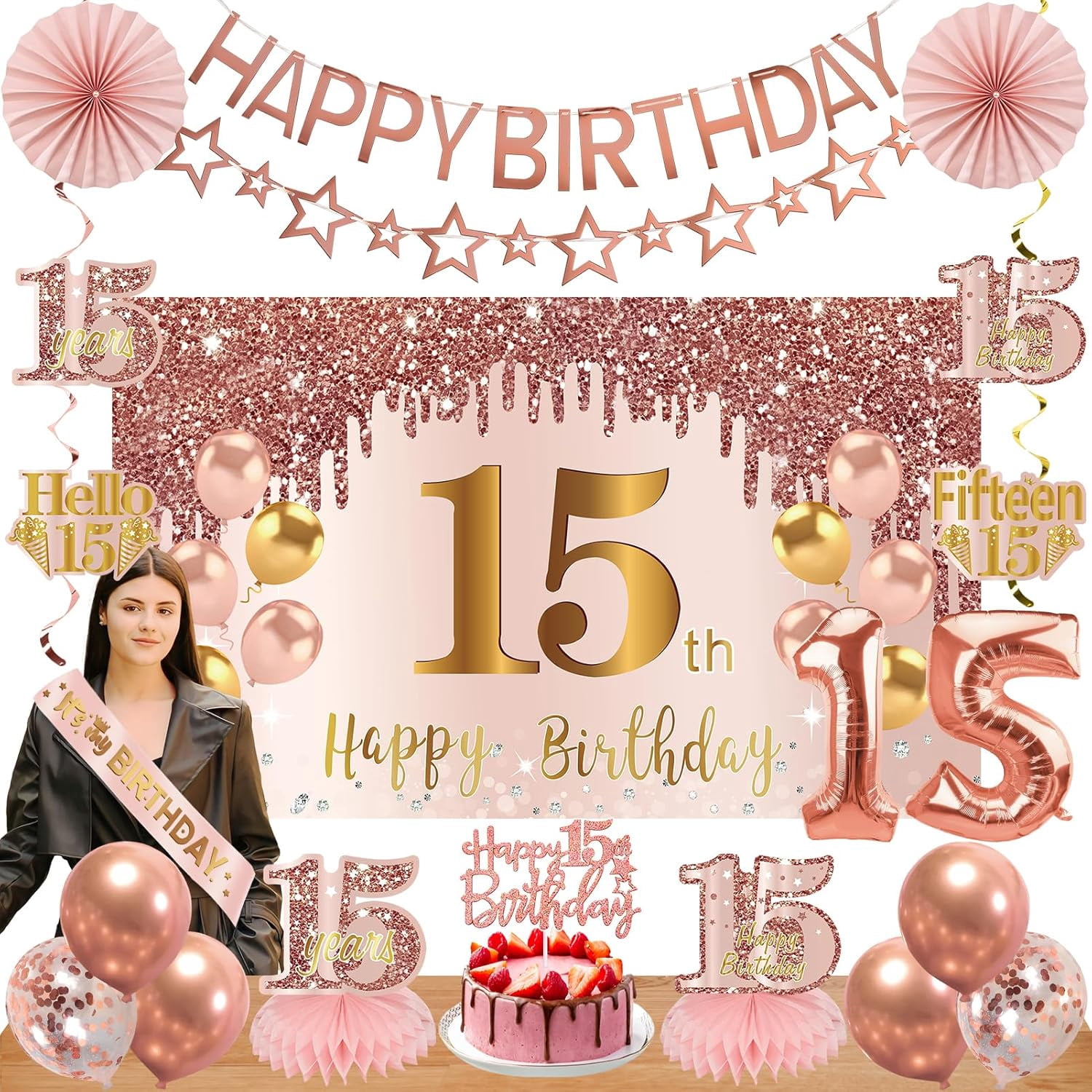 15th Birthday Decorations for Girls, Pink Rose Gold Happy 15 years old ...