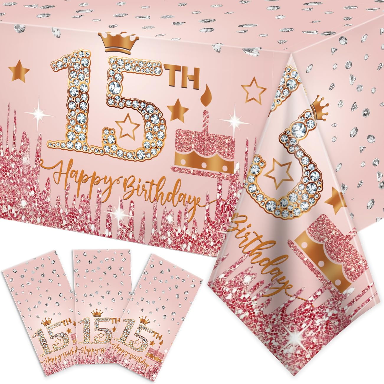 15th Birthday Decorations for Girls, 15th Birthday Tablecloth, Pink ...