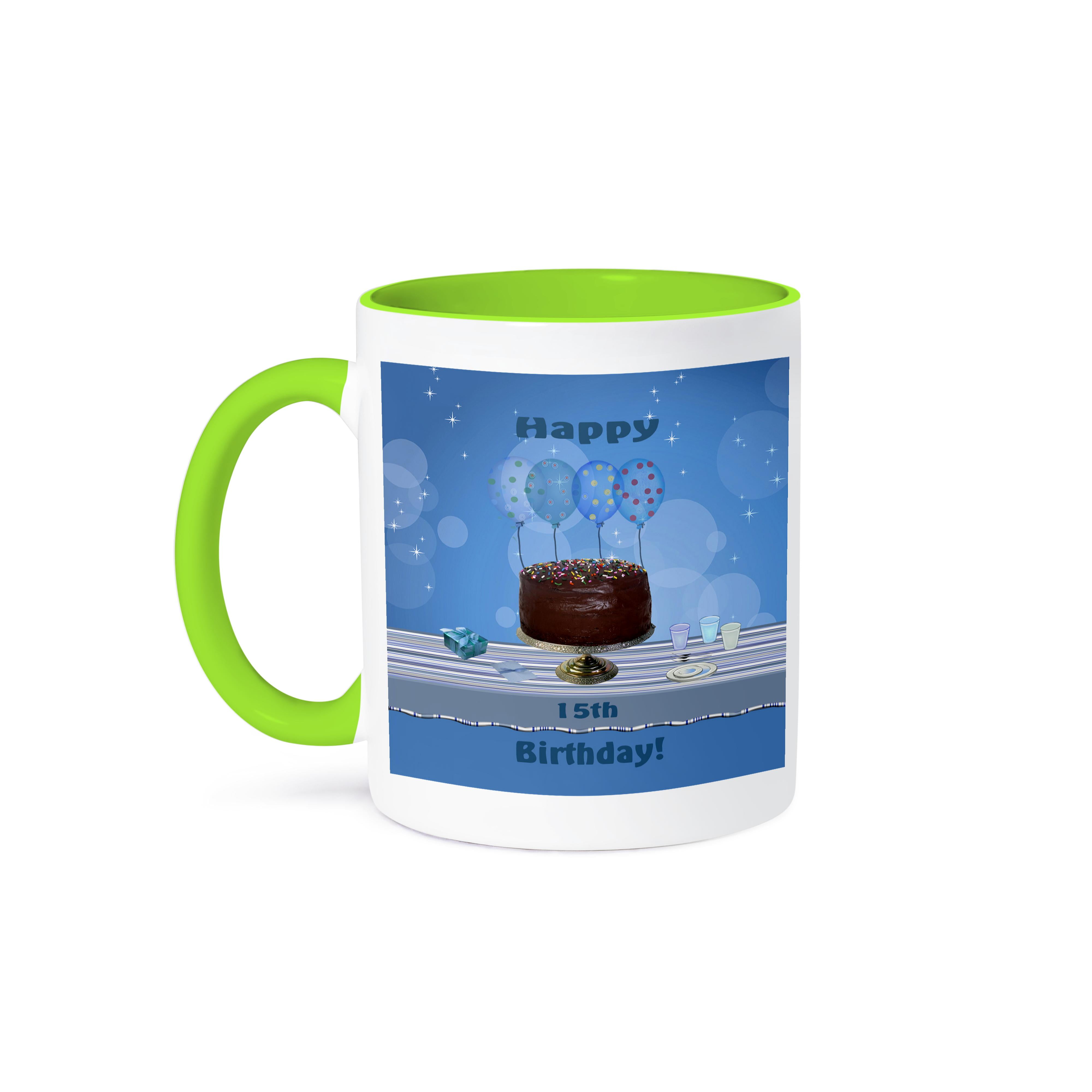 3dRose, 15th Birthday Party with Chocolate Cake and Blue Balloons, 15oz Two-Tone Green Mug ...