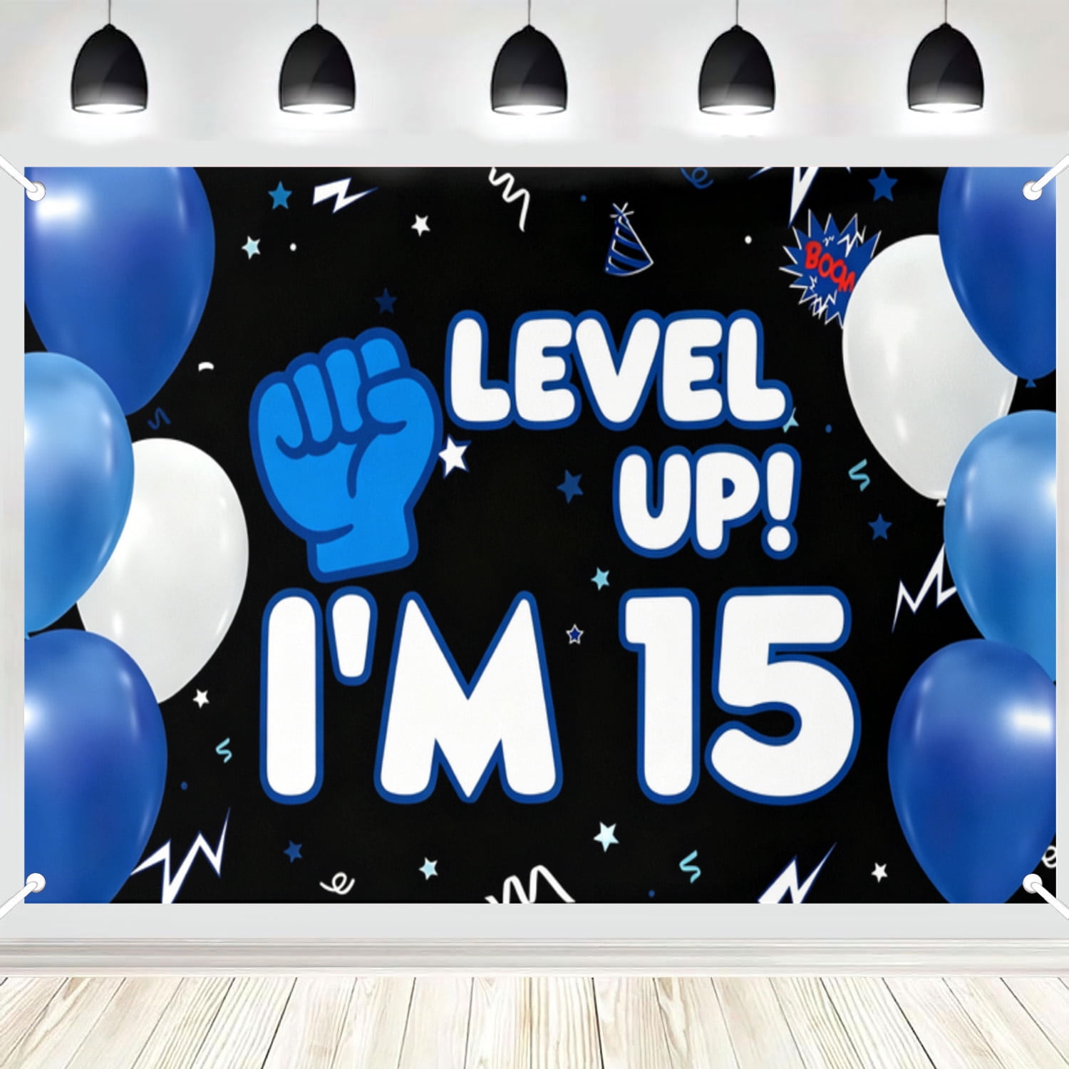 15th Birthday Polyester Backdrop, Black Blue Gaming Style Party Photo ...