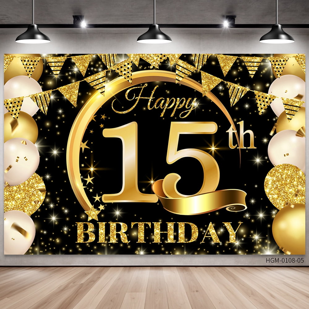 15th Happy Birthday Backdrop for boys girls Glitter Gold Balloons ...