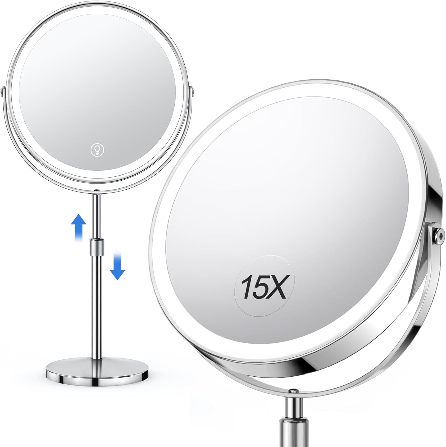 15x Large Lighted Makeup Mirror, Rechargeable 8" Height Adjustable ...