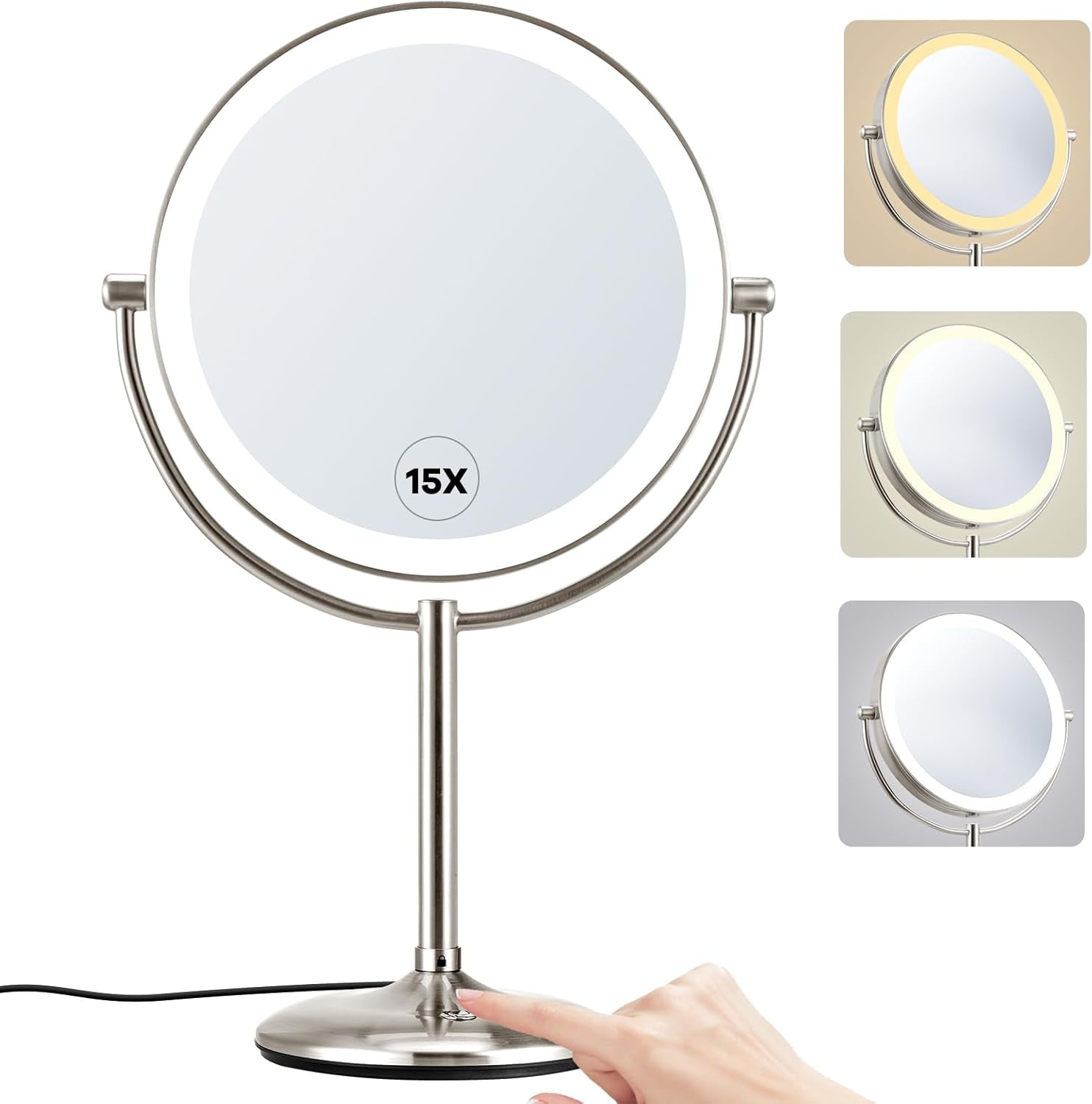Makeup Mirror with Lights,1X/15X Brushed Nickel Large Magnifying Mirror ...