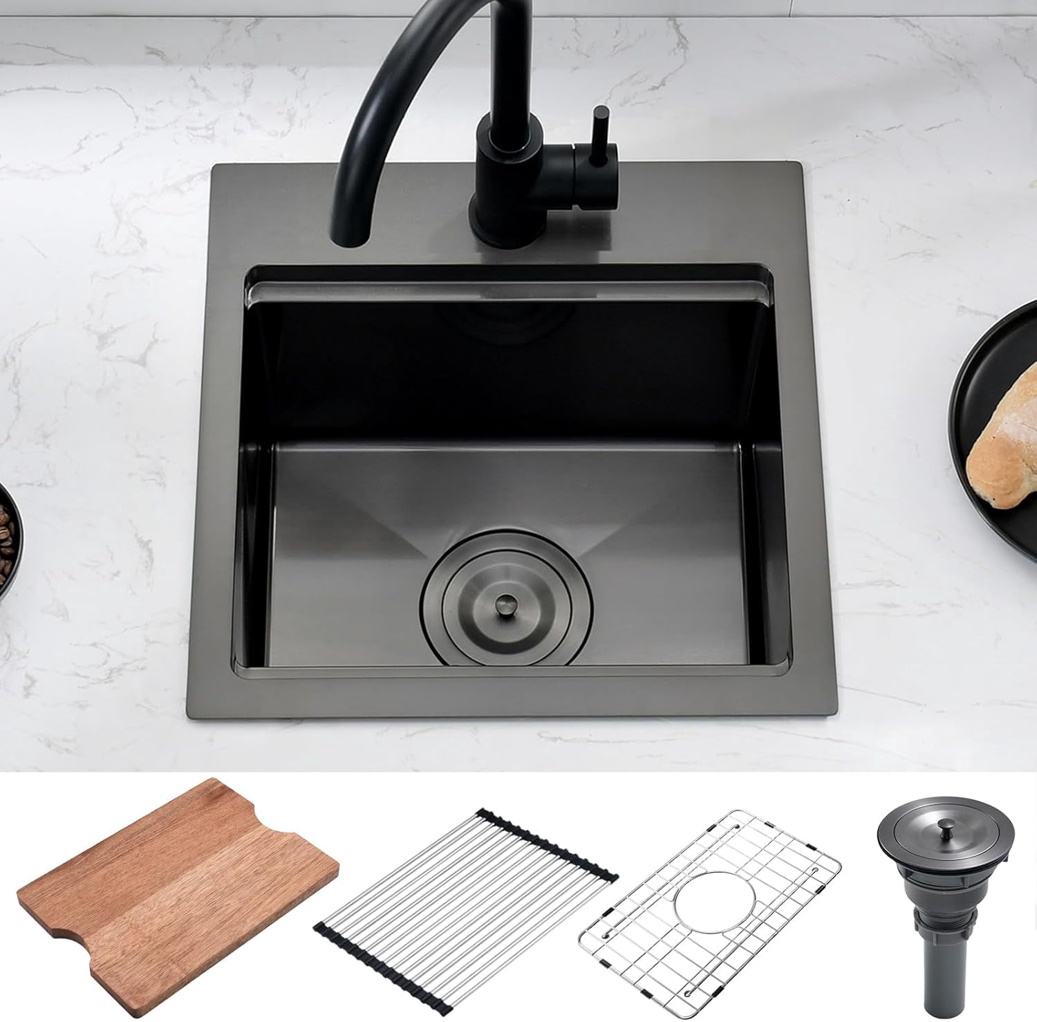 15x15 Inch Drop-in Workstation Bar Sink | 16 Gauge T304 Stainless Nano ...