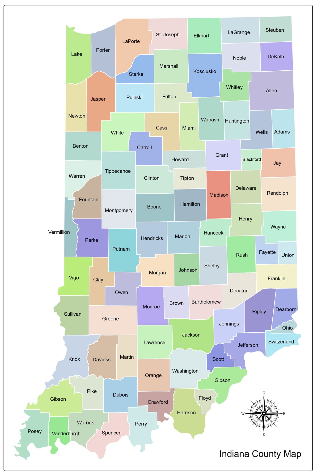 36x24in Indiana county map 【Coated Paper】 - Walmart.com