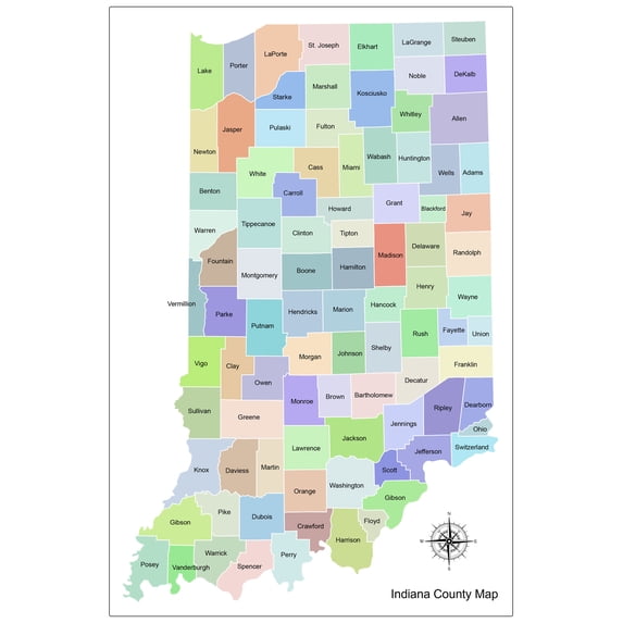 36x24in Indiana county map 【Coated Paper】 - Walmart.com