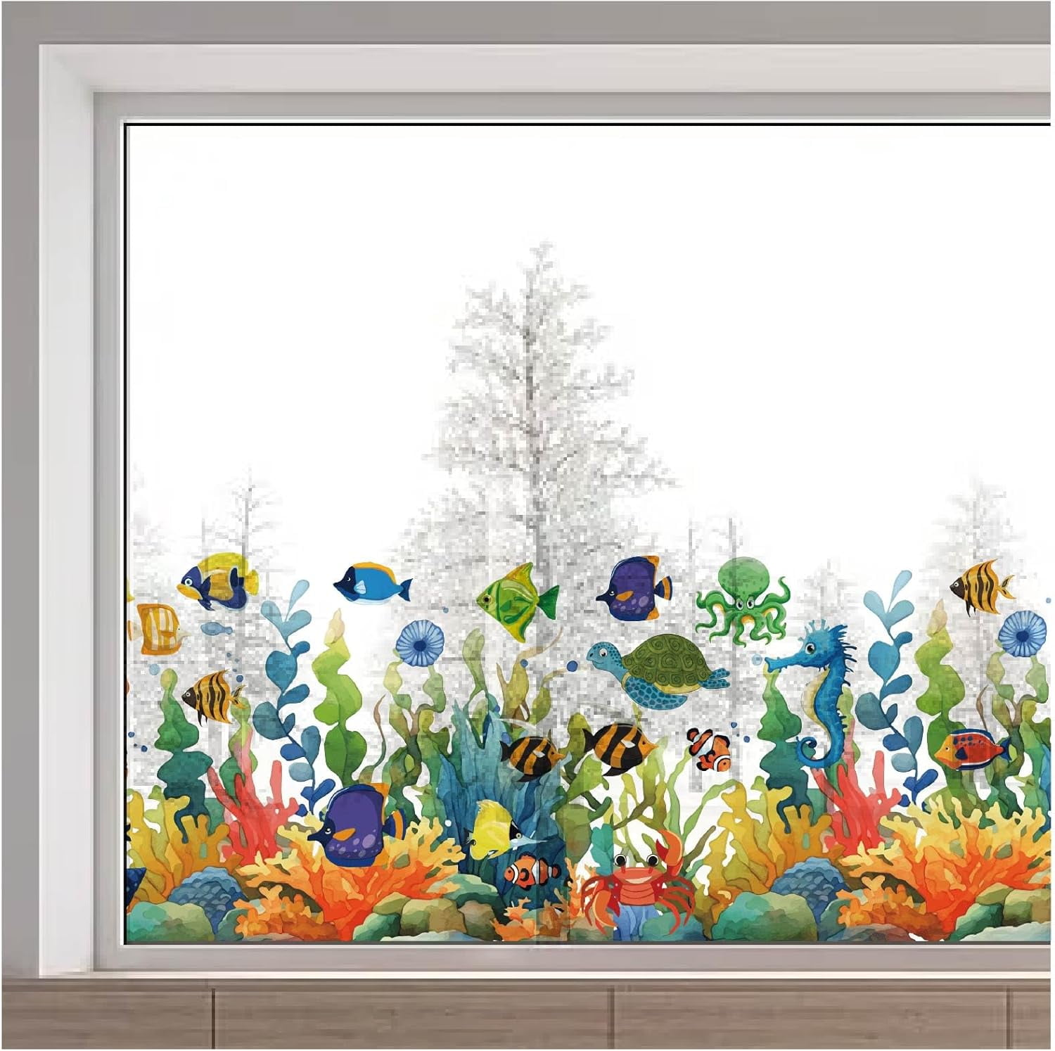 15x46 Large Ocean Window Clings Sea Plants Turtle Octopus Fish Seahorse ...