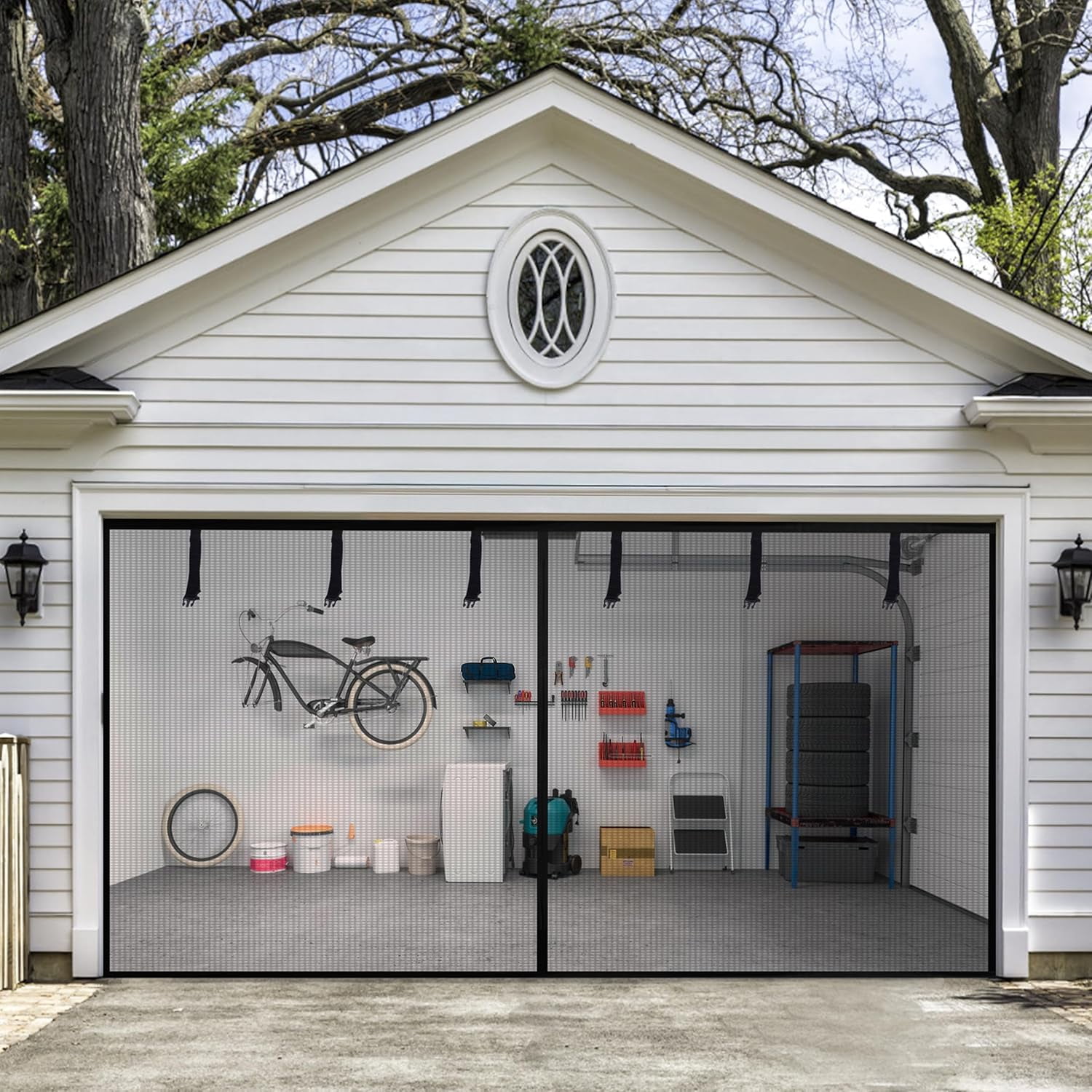 15x7FT Fiberglass Magnetic Garage Door Screen for 2 Car Garage, Hands Free Retractable Garage ...