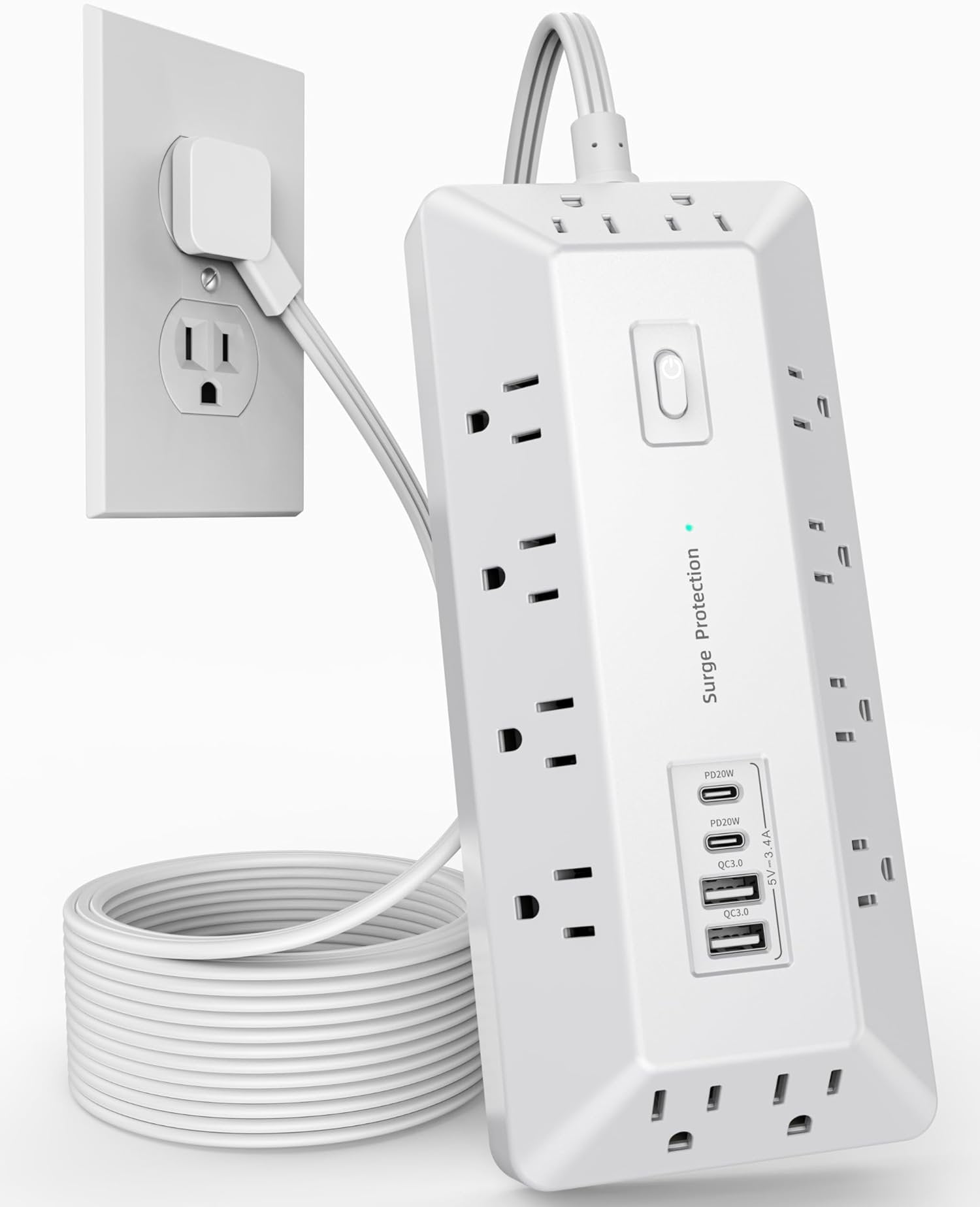 16 in 1 Surge Protector Power Strip with 4 USB (2 USB C) and 12 AC ...