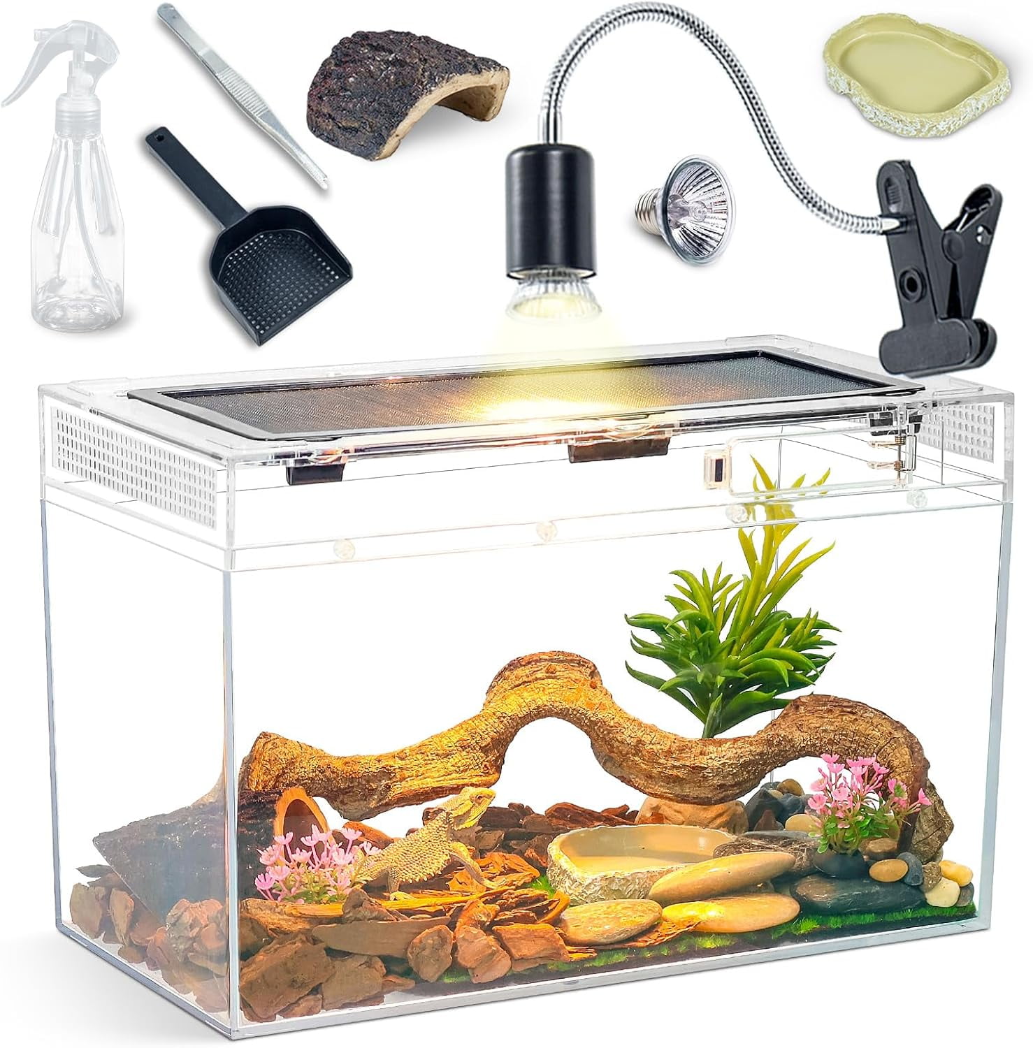 16×10×8'' Reptile Tank Kit with Heat Lamp, Spray Bottle, Shovel ...