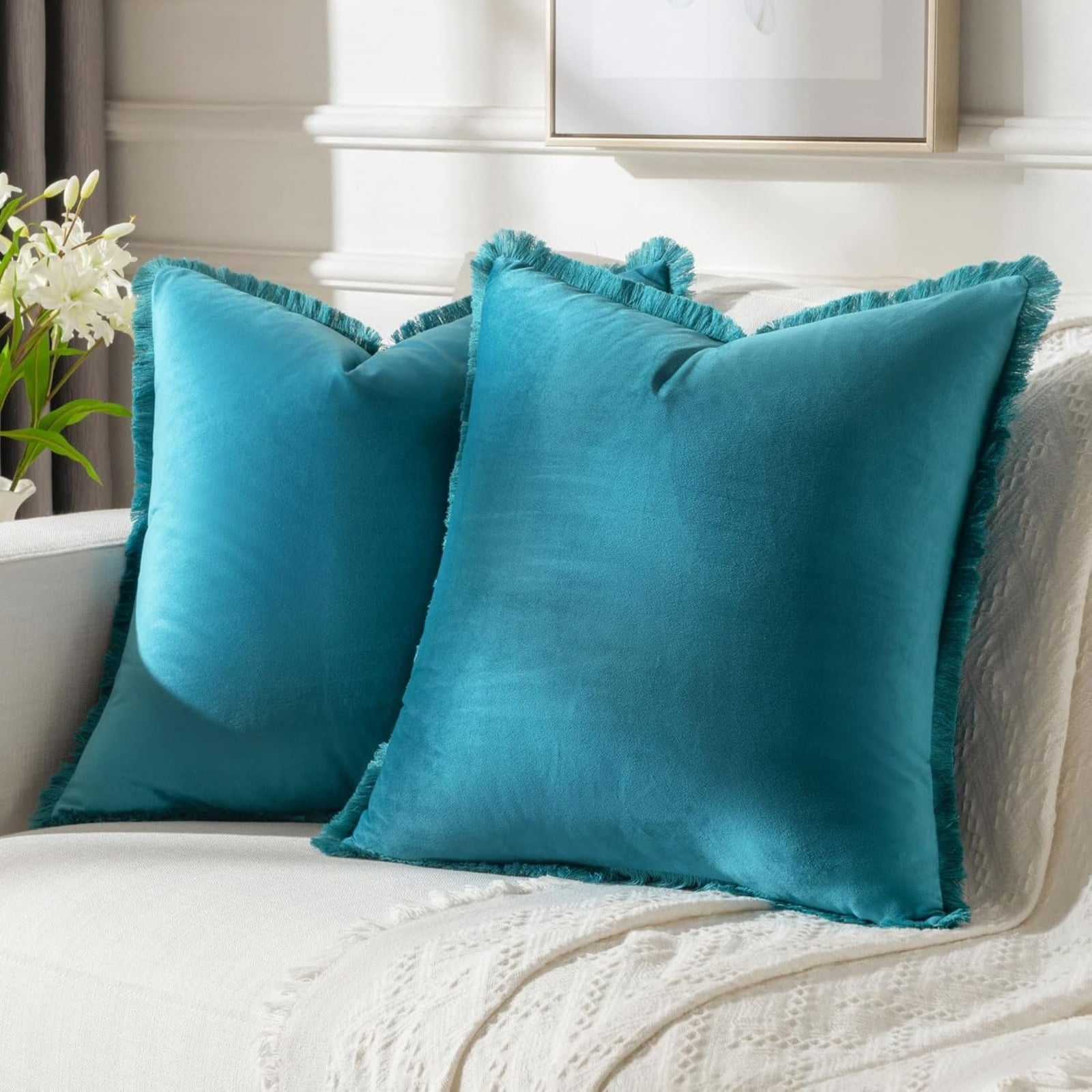16×16 Inch Velvet Fringe Throw Pillow Cover 2-Pack Soft Textured ...