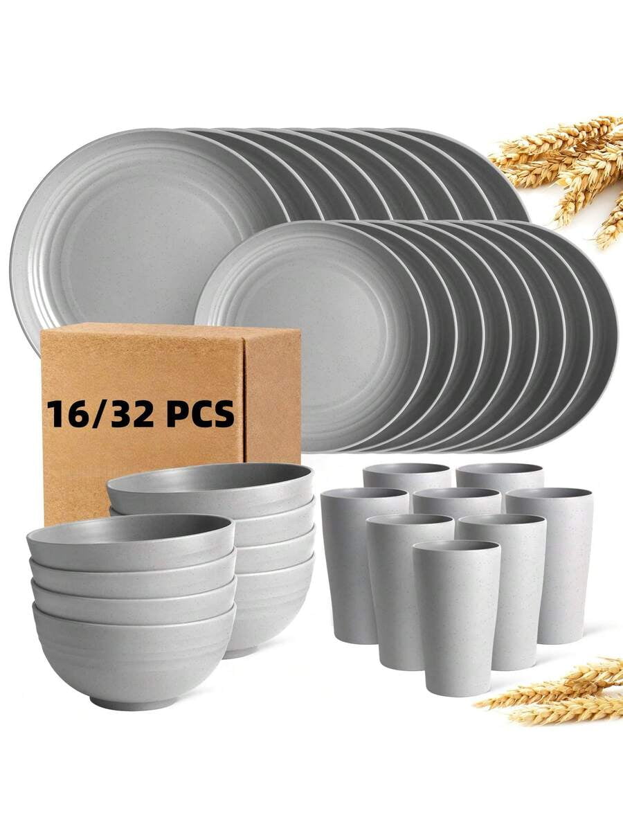 16/17/32pcs Wheat Straw Unbreakable Dinnerware Set Service for 4/8 ...