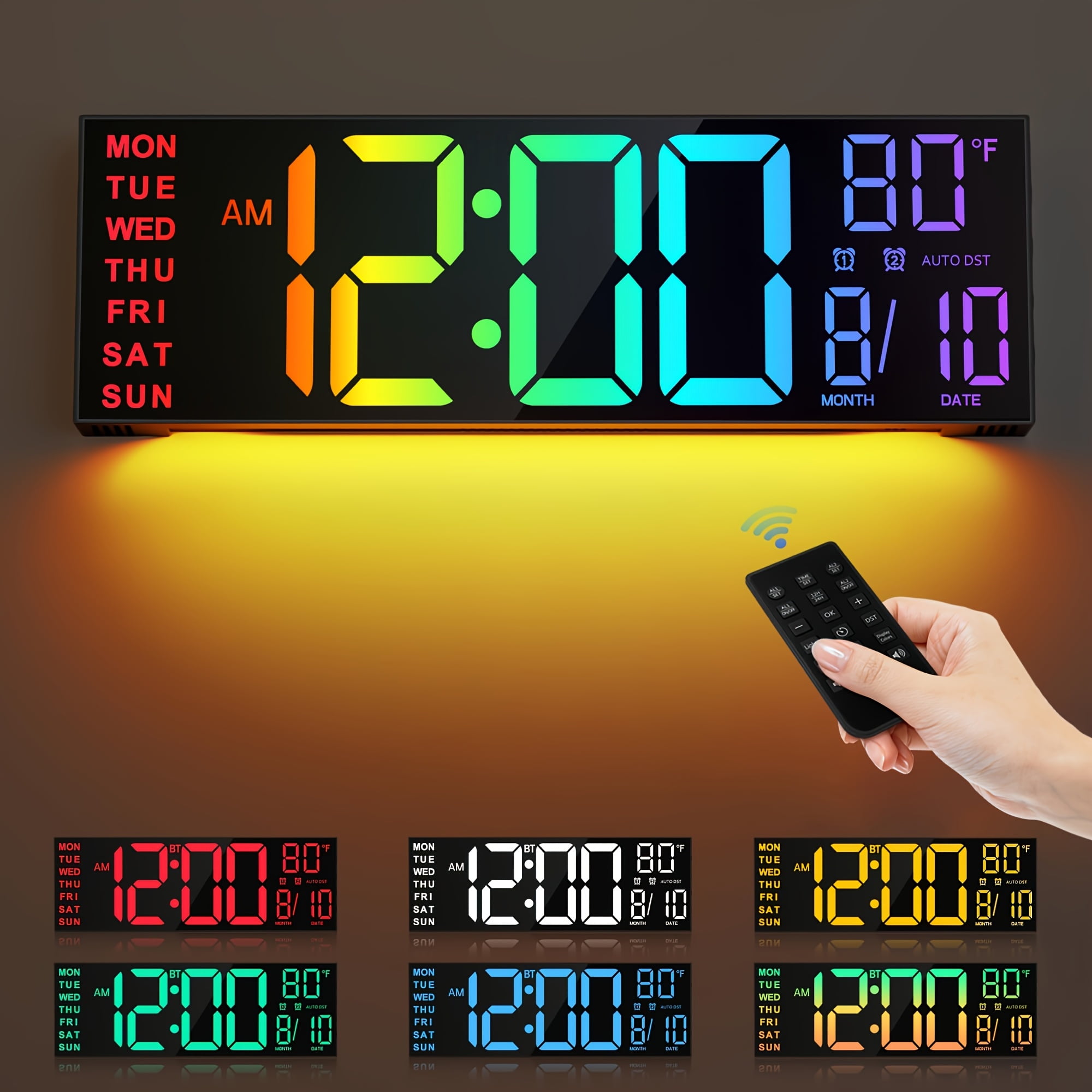 16.2" Large Digital Wall Clock - Remote Control, 8 RGB Colors, Auto ...