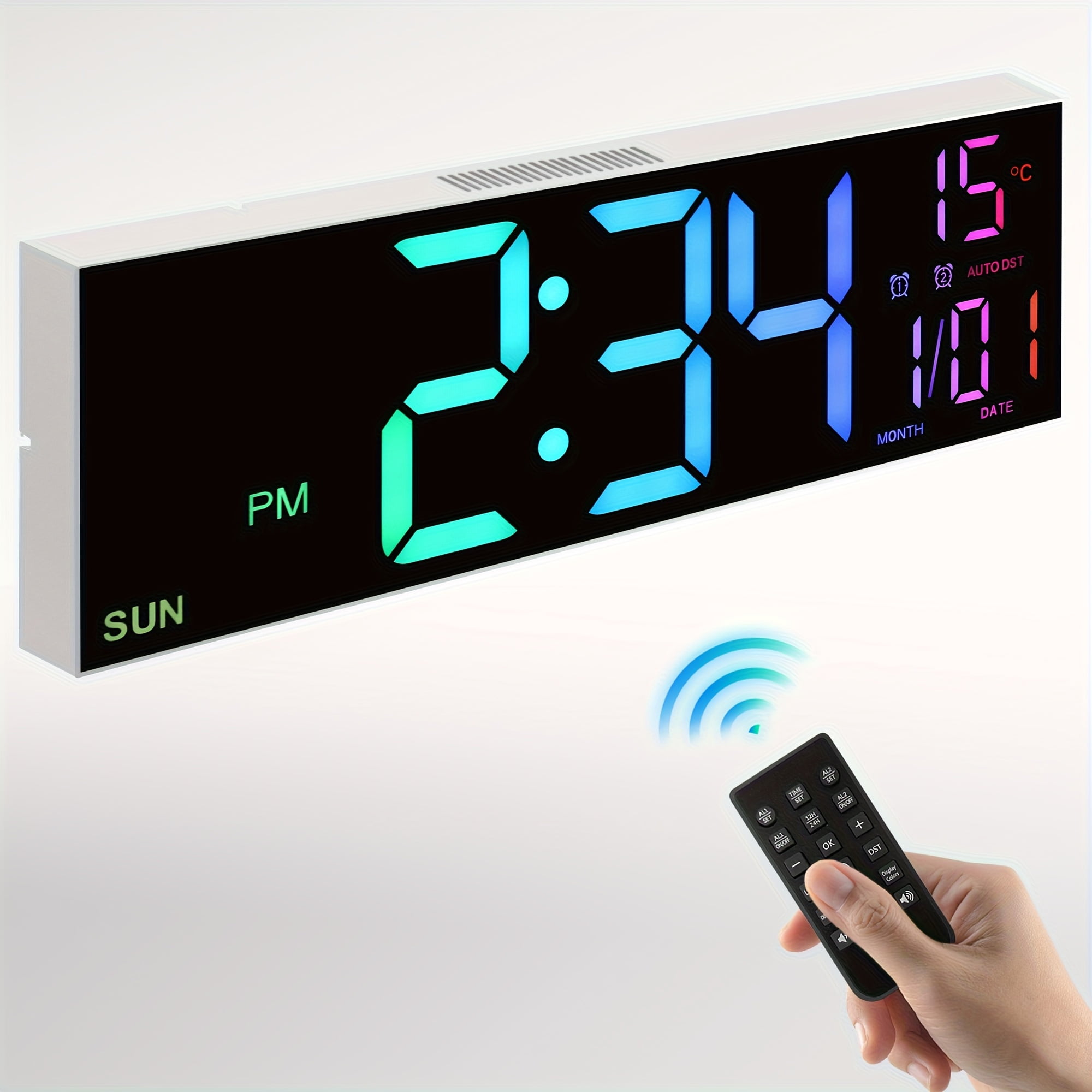 16.2" Large Digital Wall Clock - Remote Control, 8 RGB Colors, Dual ...