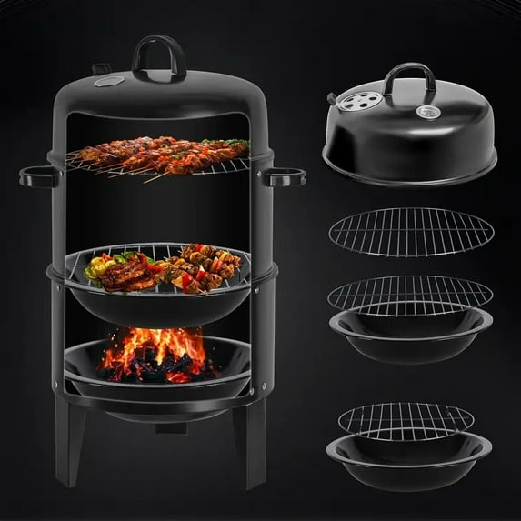 16" 3-Tier Portable Charcoal Smoker Grill with Easy Temperature Control ...