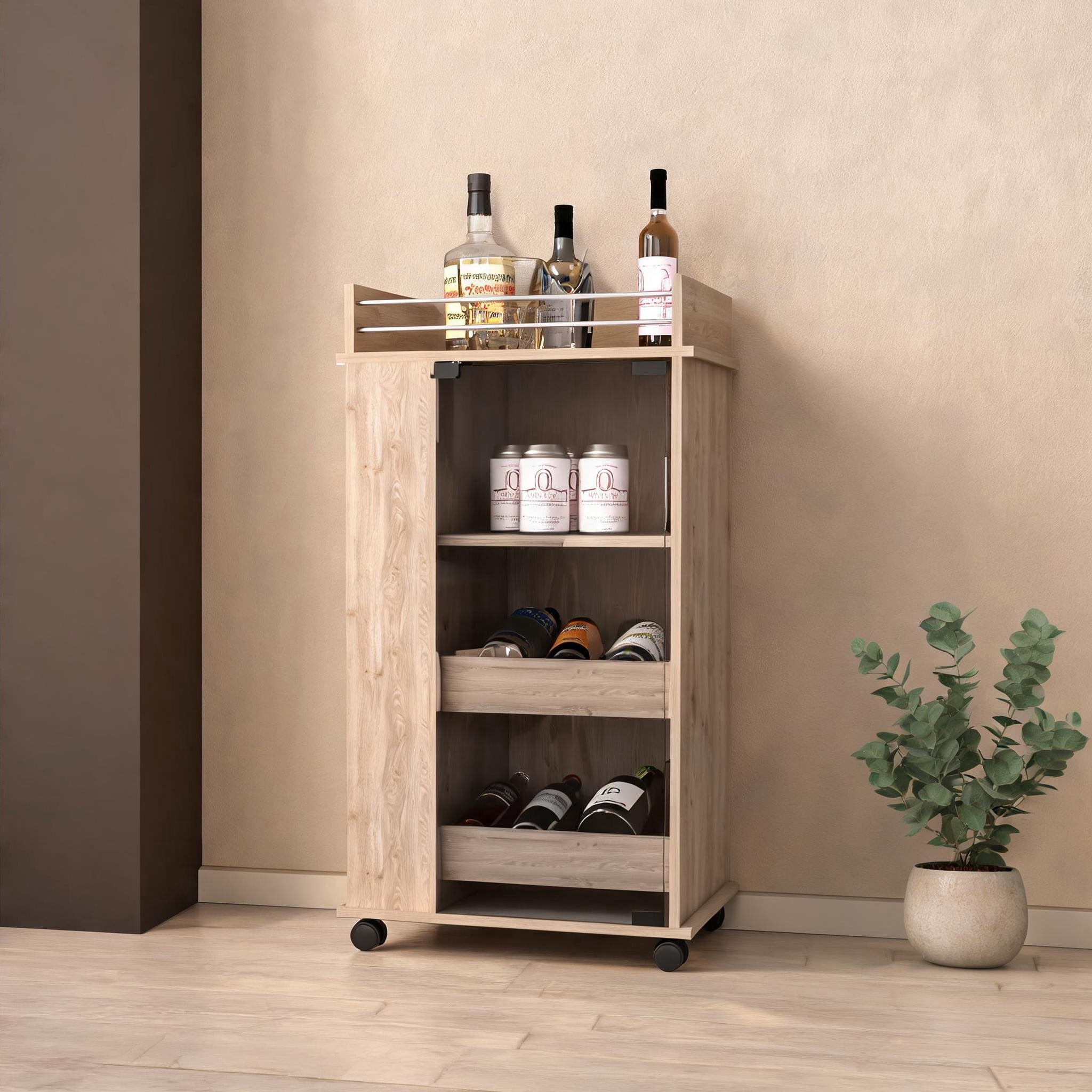16.3 x 21.7 x 39 Soft Gray Modern Bar Cart with Casters, Glass Door ...