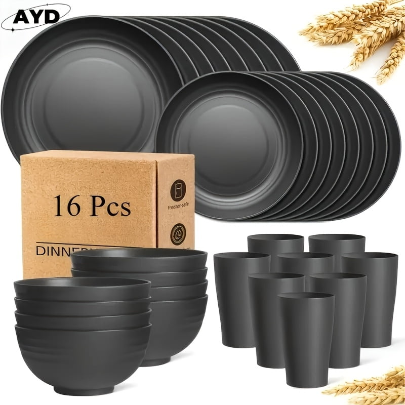 16/32pcs Black Kitchen Plastic Wheat Straw Dinnerware Set, Large Size ...