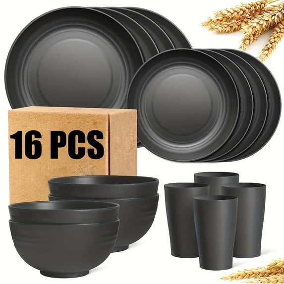 16/32pcs Kitchen Dinnerware Set Made from Wheat Straw, Suitable for 4 ...
