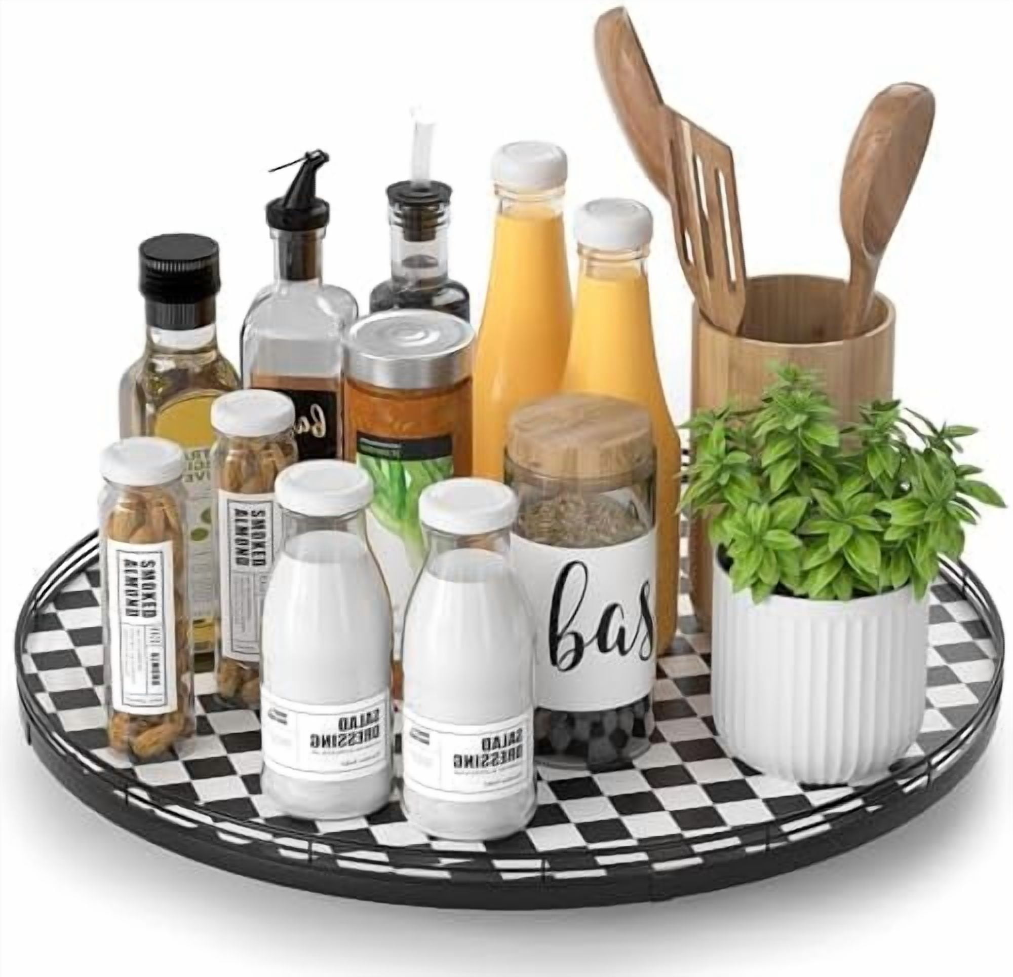 16" Black and White Kitchen Lazy Susan Turntable, Round Checkered ...