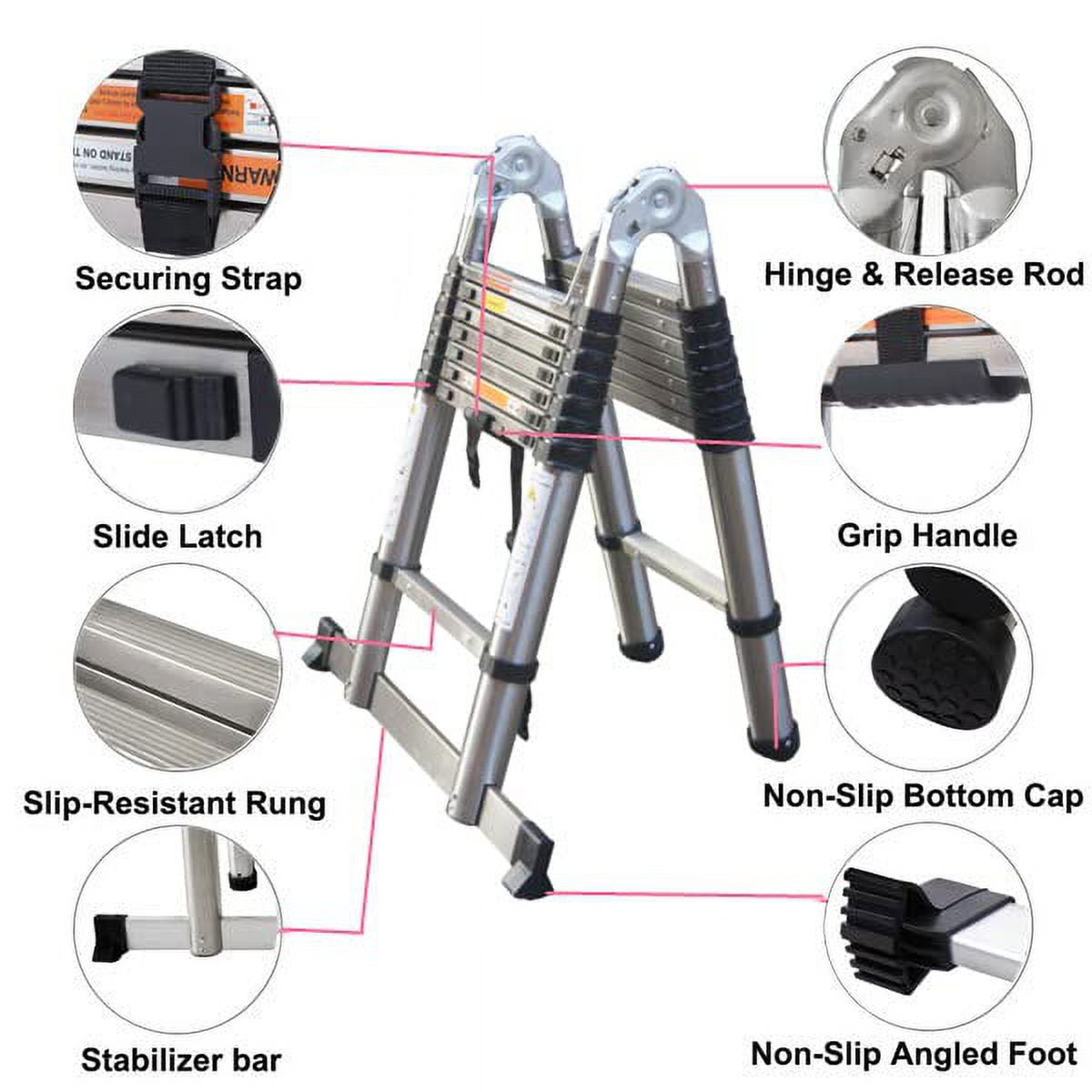 16.4 Ft Stainless Steel Telescoping Ladder 2.5M+2.5M A-Frame Extension Ladder Multi-Purpose ...