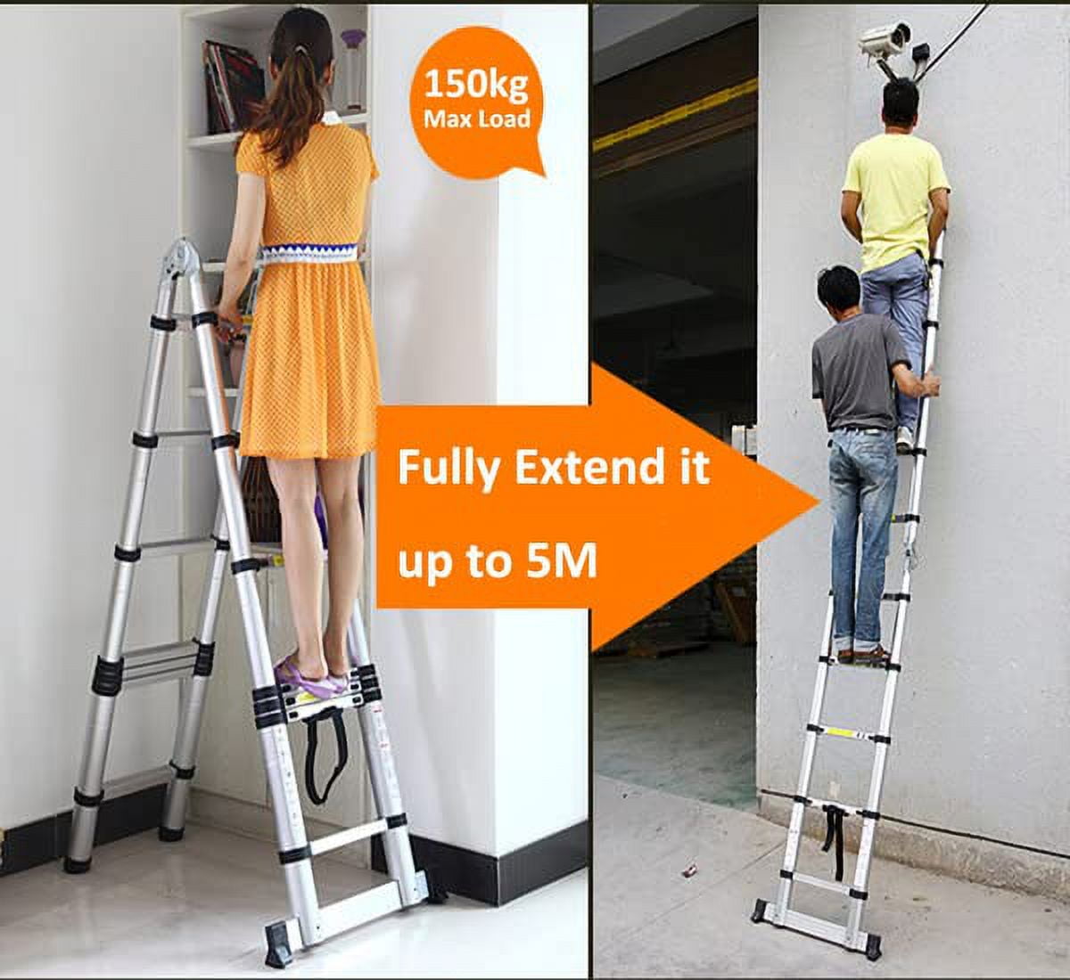 16.4 Ft Stainless Steel Telescoping Ladder 2.5M+2.5M A-Frame Extension Ladder Multi-Purpose ...
