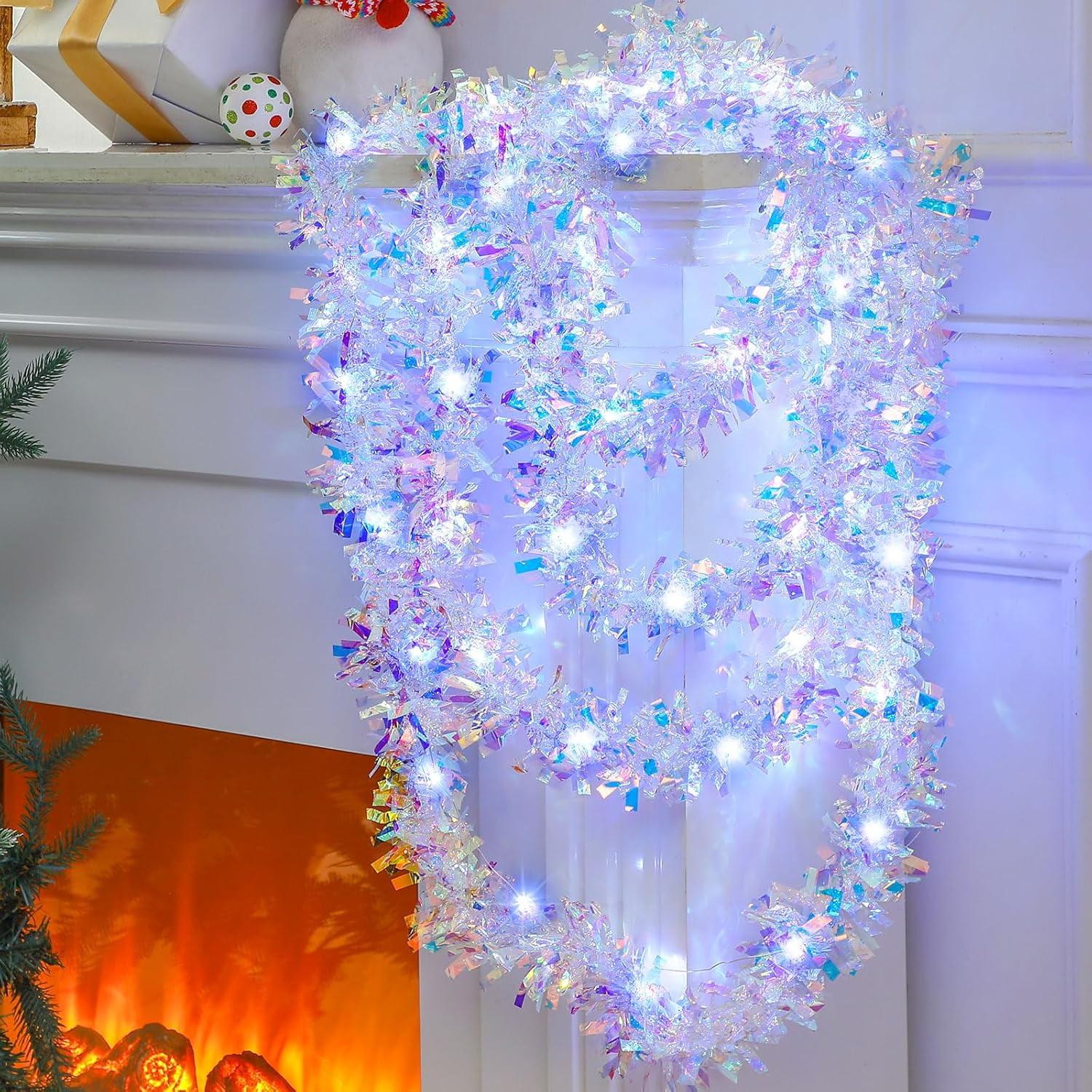 16.4 ft Christmas Prelit Tinsel Lighted Garland with 50 LED Lights ...