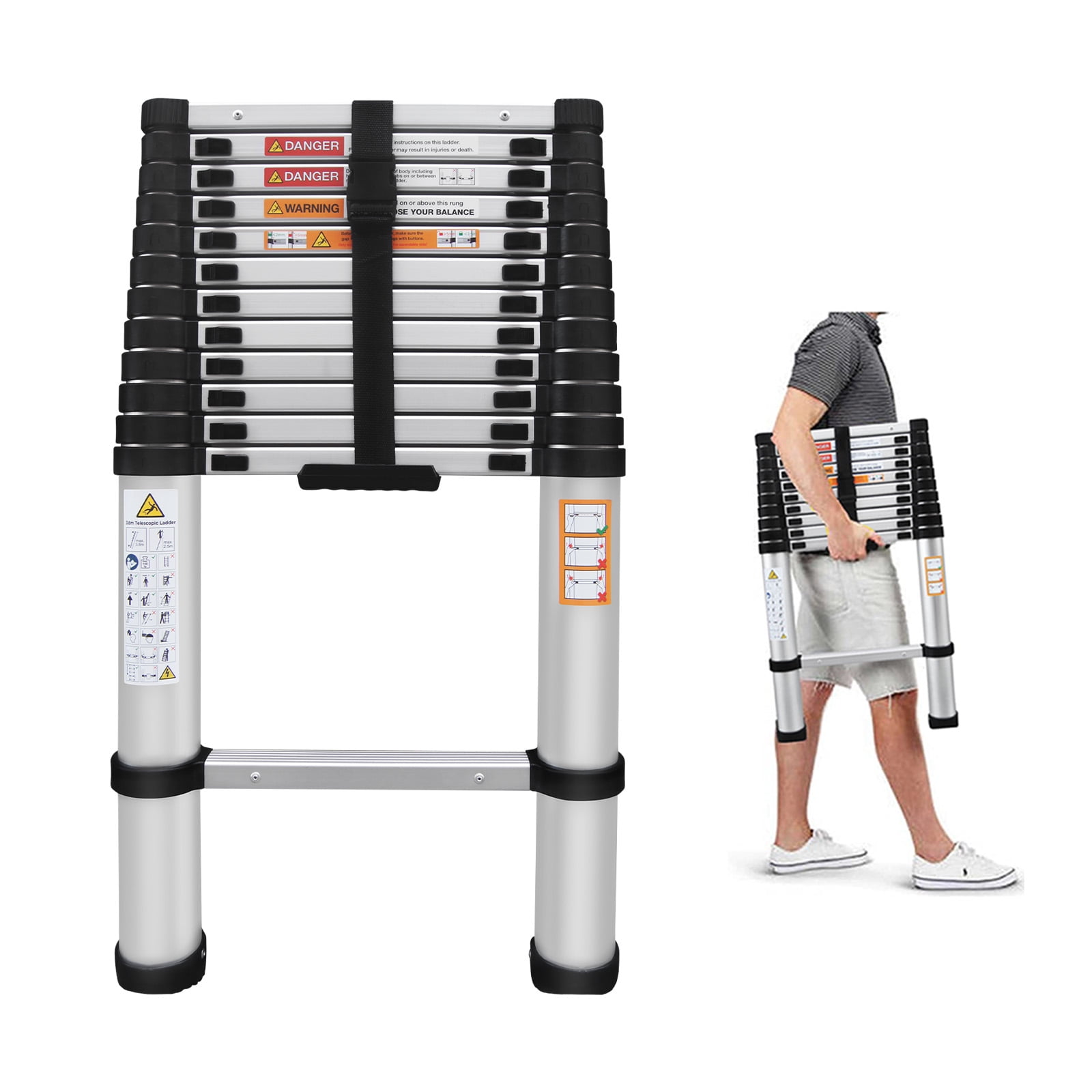 16.4FT Extension Ladder Aluminum Telescoping Folding Ladder 12 Steps ...