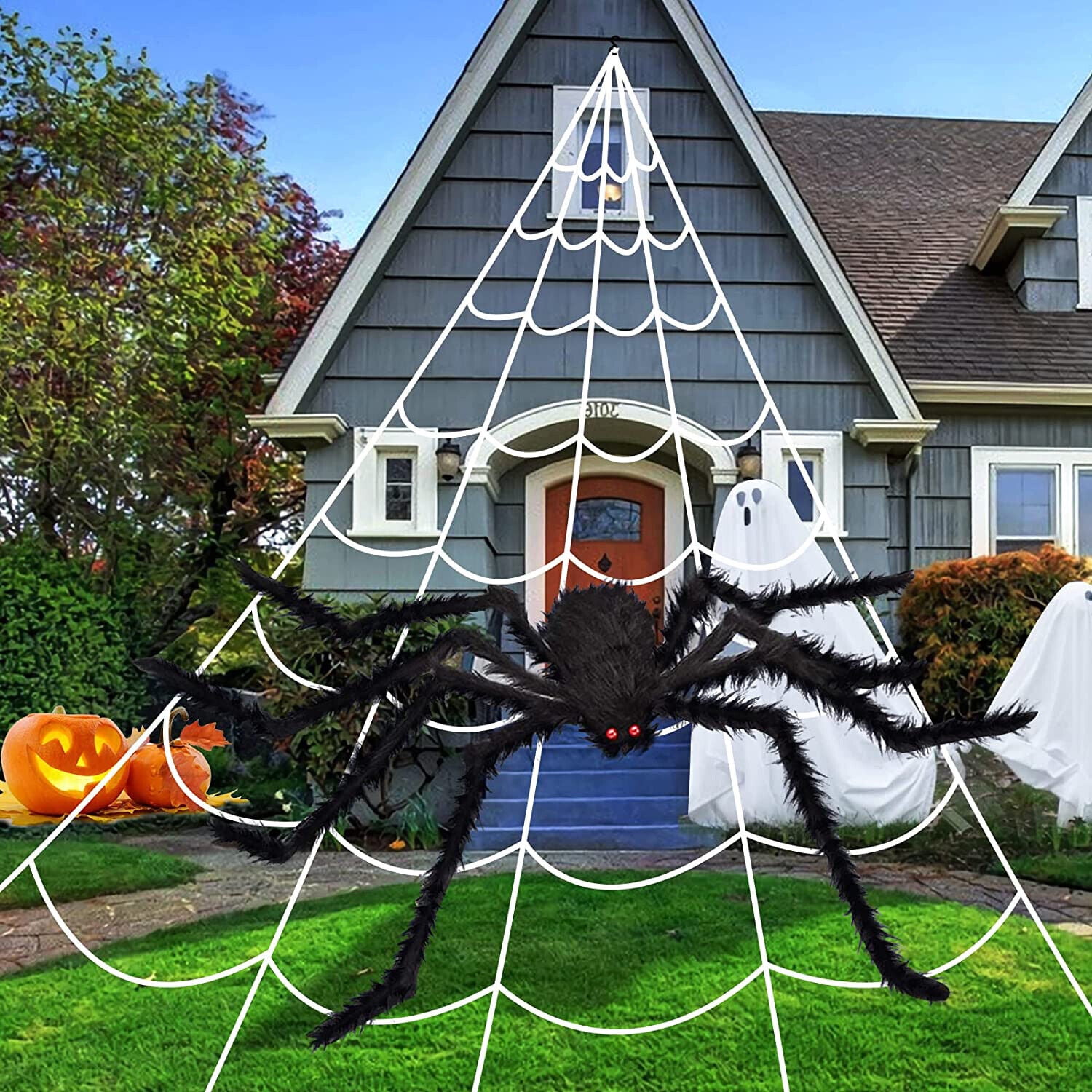 16.4FT Giant Spider Web Halloween Decor Outdoor & 35.4in Spider Scary ...