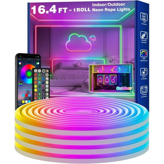 16.4FT LED Neon Rope Lights Waterproof with Smart App Control Remote ...