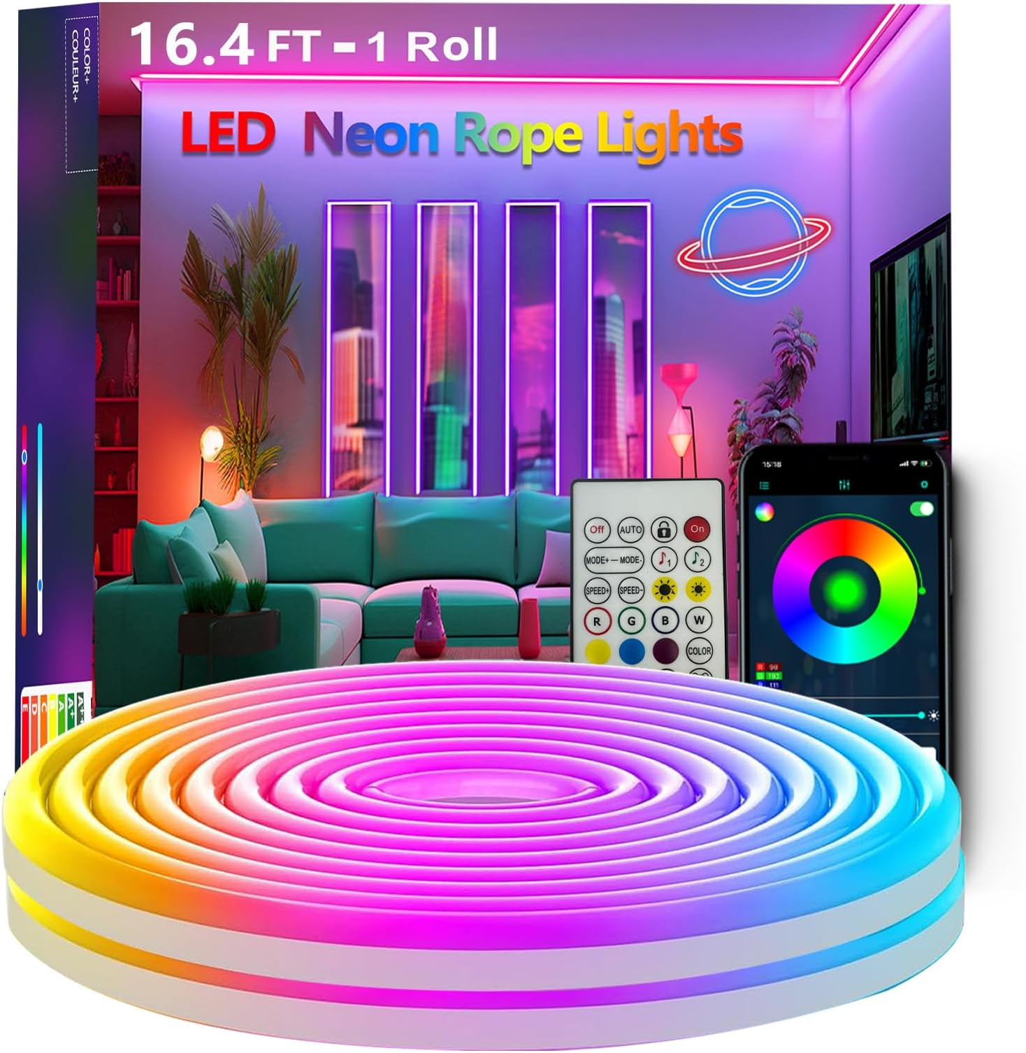 16.4FT Neon Rope Lights,Flexible Rope Light Control with App/Remote ...