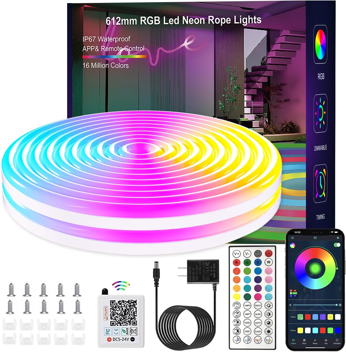 16.4FT Neon Rope Lights,RGB LED Strip Lights,App Control,IR Remote ...