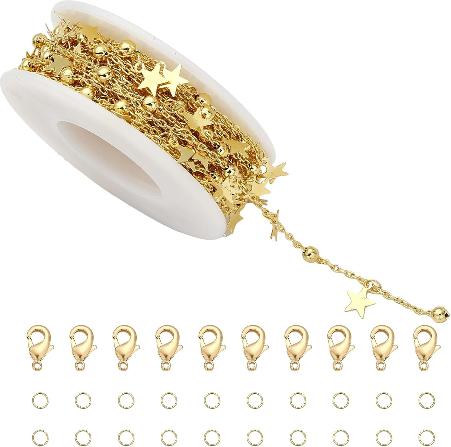 16.4Feet Brass Star Beaded Link Chain Real 18k Gold Plated Link Chain ...