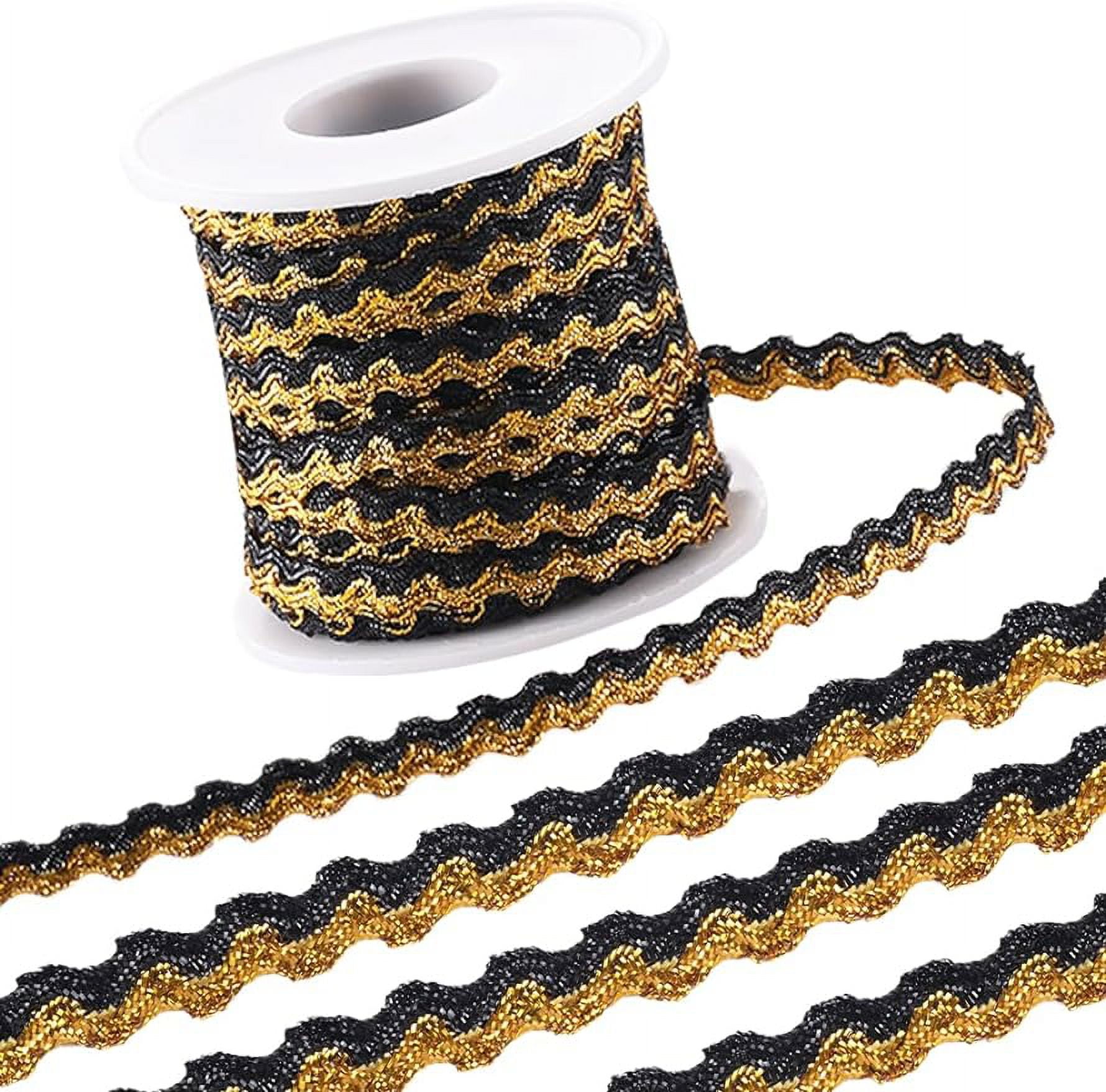16.4Yds x 5mm Black Gold Wave Bending Fringe Trim Metallic Sparkle Rick ...