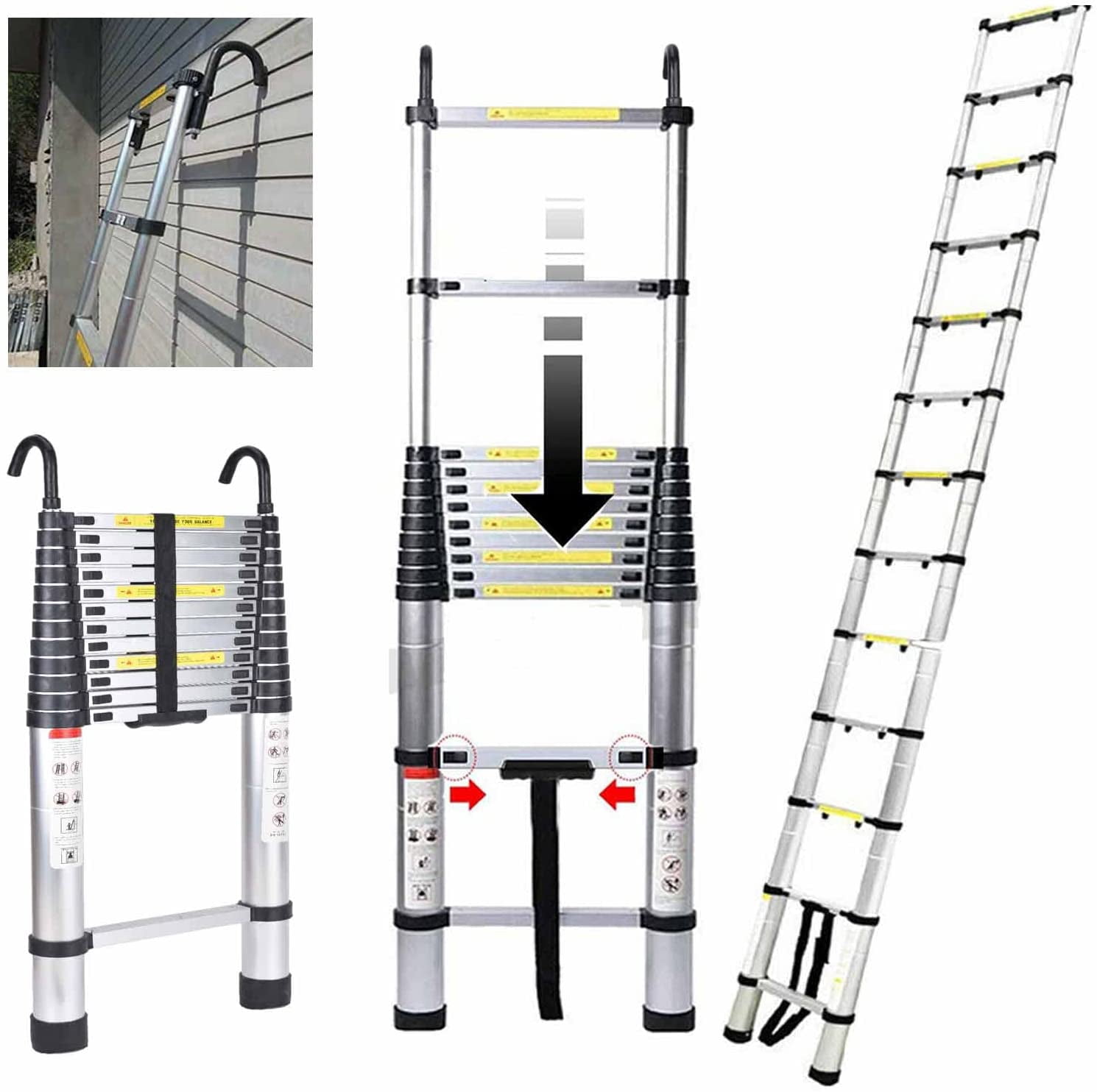 16.4ft Aluminium Telescoping Ladder Extension Ladder with 2 Detachable ...