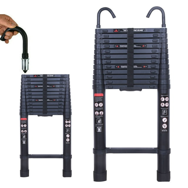 16.4ft Aluminum Telescoping Extension Ladder with 2 Detachable Hooks ...