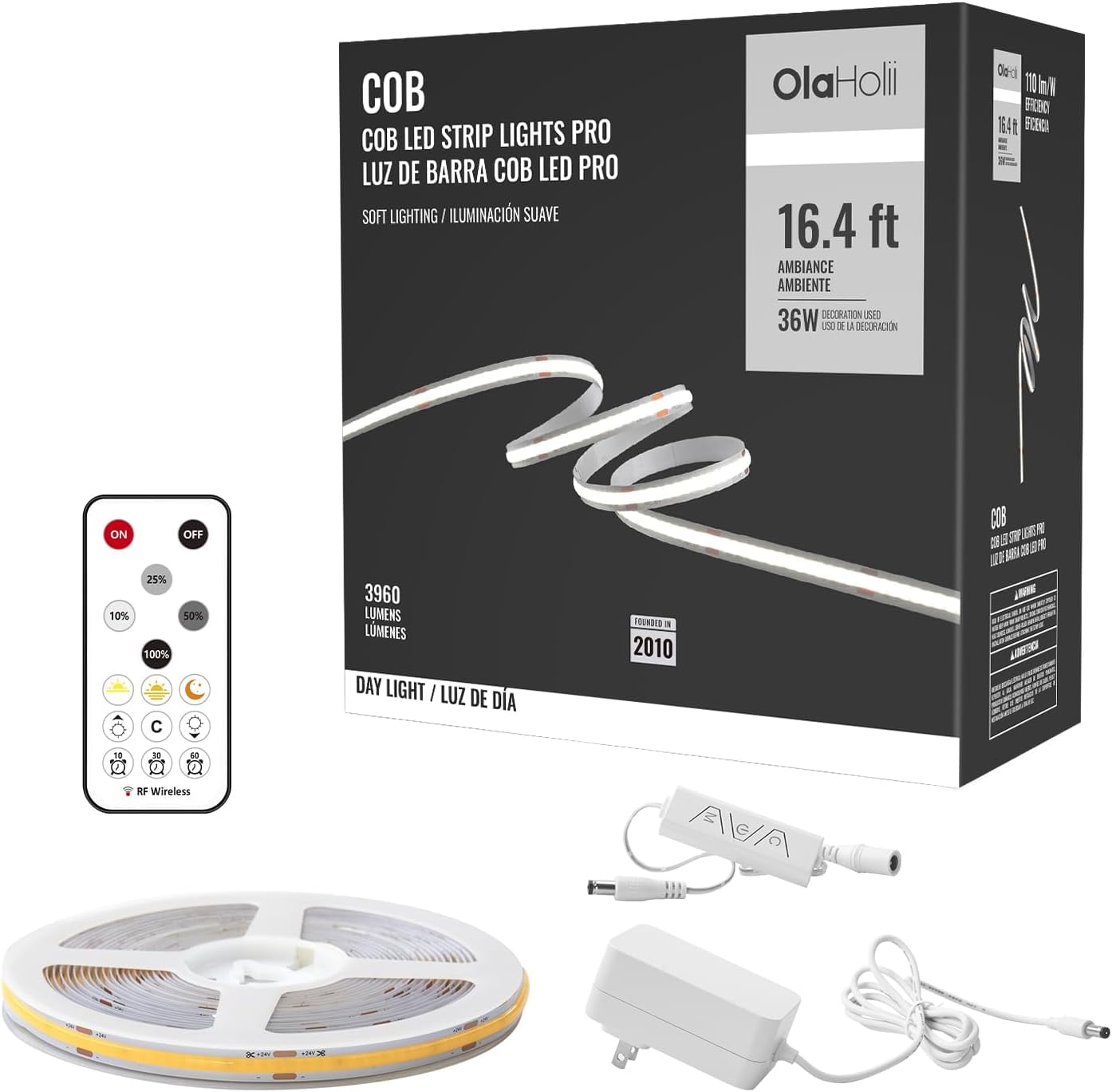 16.4ft COB Led Strip Light with Remote, 6500K Ra93+ Dimmable Bright ...
