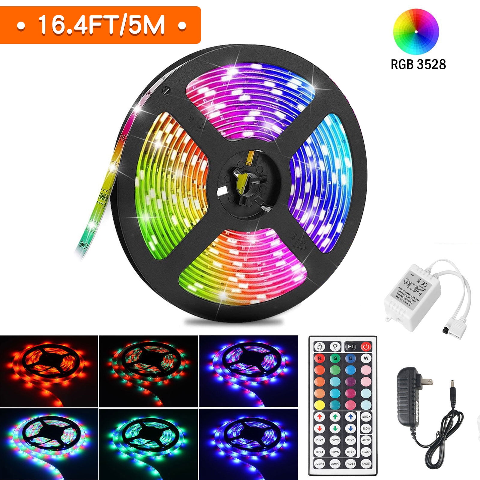 16.4ft RGB LED Light Strips 3528 LED Tape Lights, Color Changing LED ...