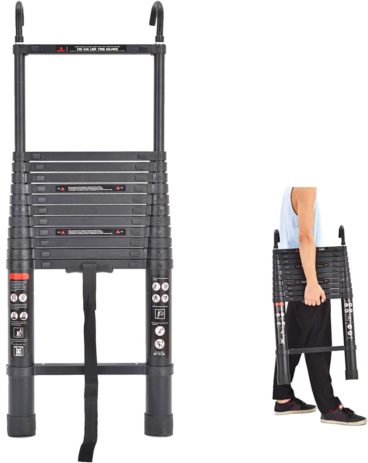 16.4ft Telescoping Ladder Black Aluminum Heavy Duty Extension Ladder ...