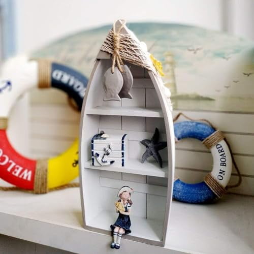 16.5"" H Wood Boat Display Shelf Beach Table Decor,Small Boat Shelf ...