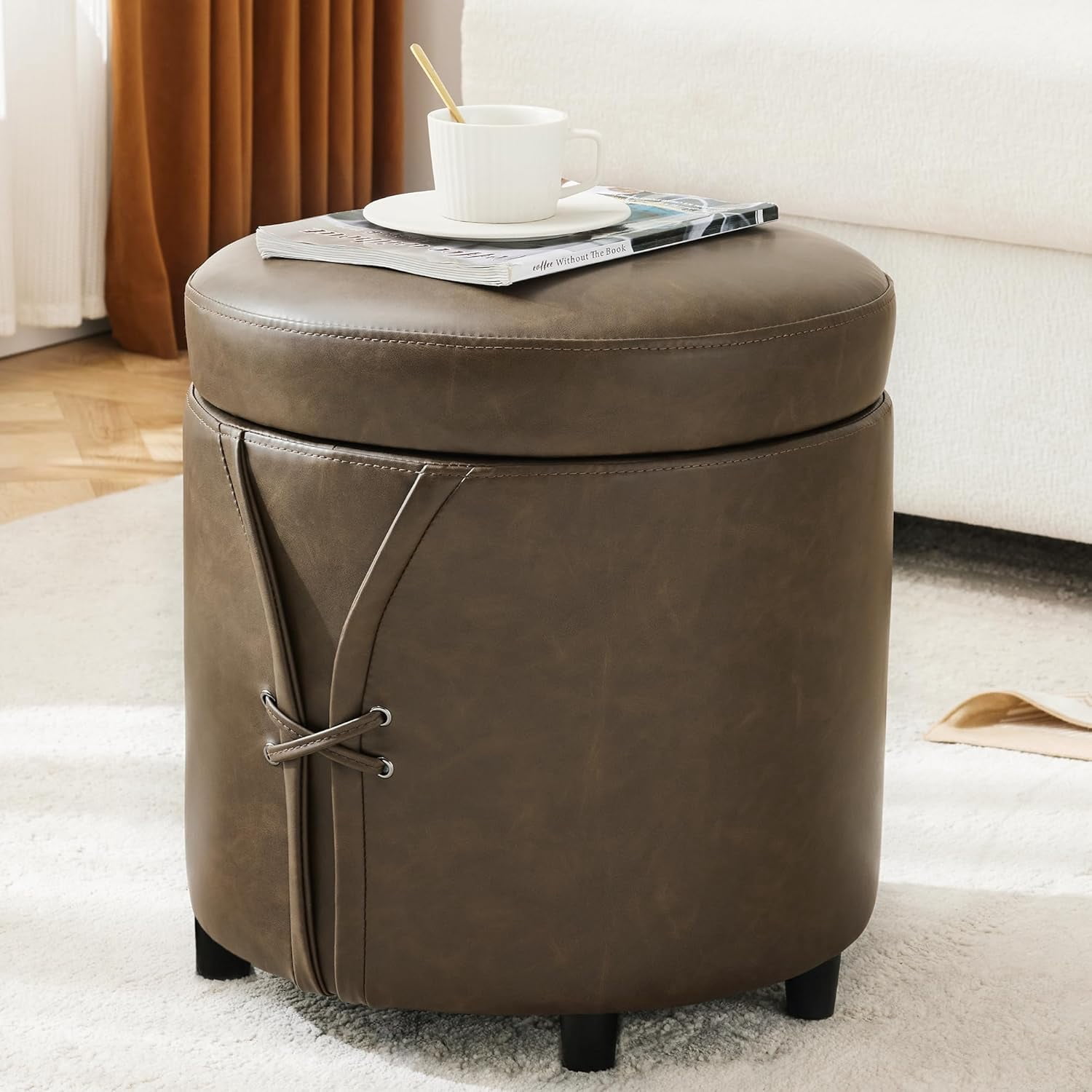 16.5-Inch Round Small Ottoman, Faux Leather Upholstered Footrest with ...