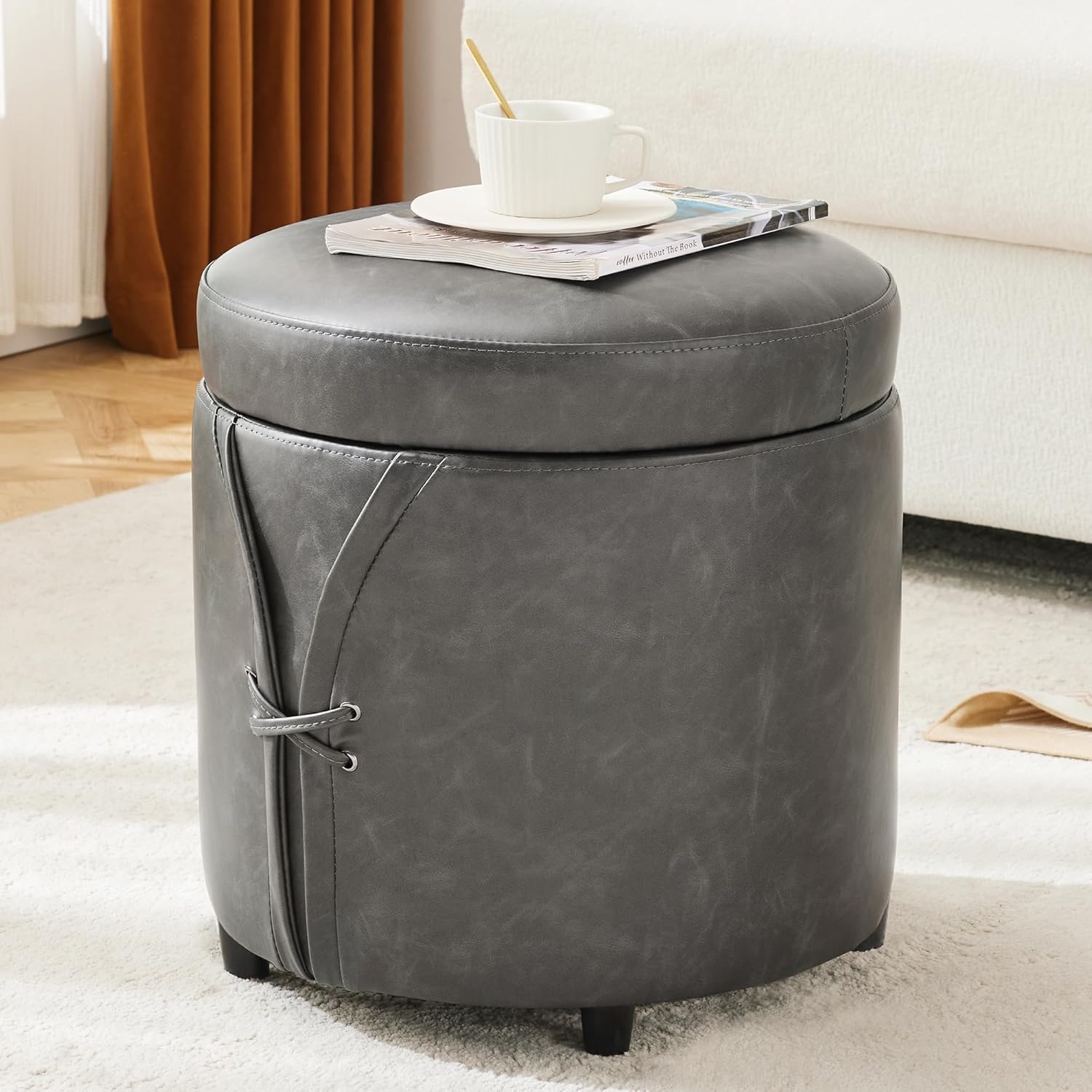 16.5-Inch Round Small Ottoman, Faux Leather Upholstered Footrest with ...