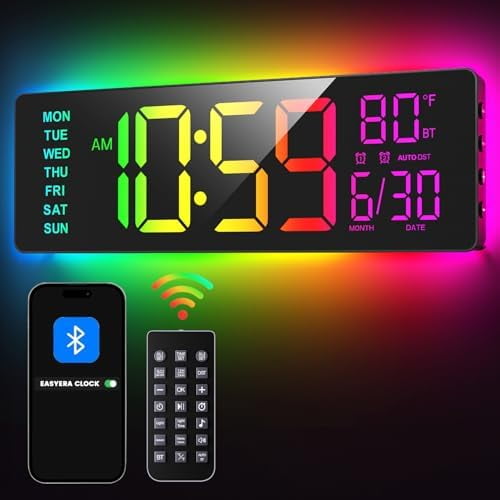 16.5" Large Digital Wall Clock with BT Sync, RGB Lights with 11 Scenes ...