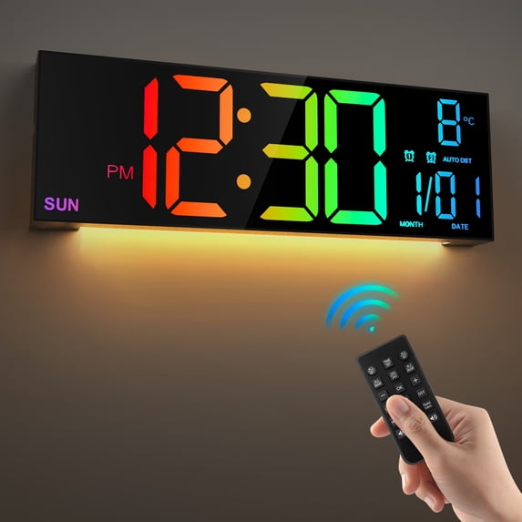 16.5'' Large Digital Wall Clock with Remote RGB LED 2 Alarms Auto ...
