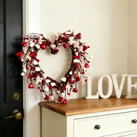 16.5" Valentines Day Wreath, Love Heart Shaped Wreaths for Front Door ...