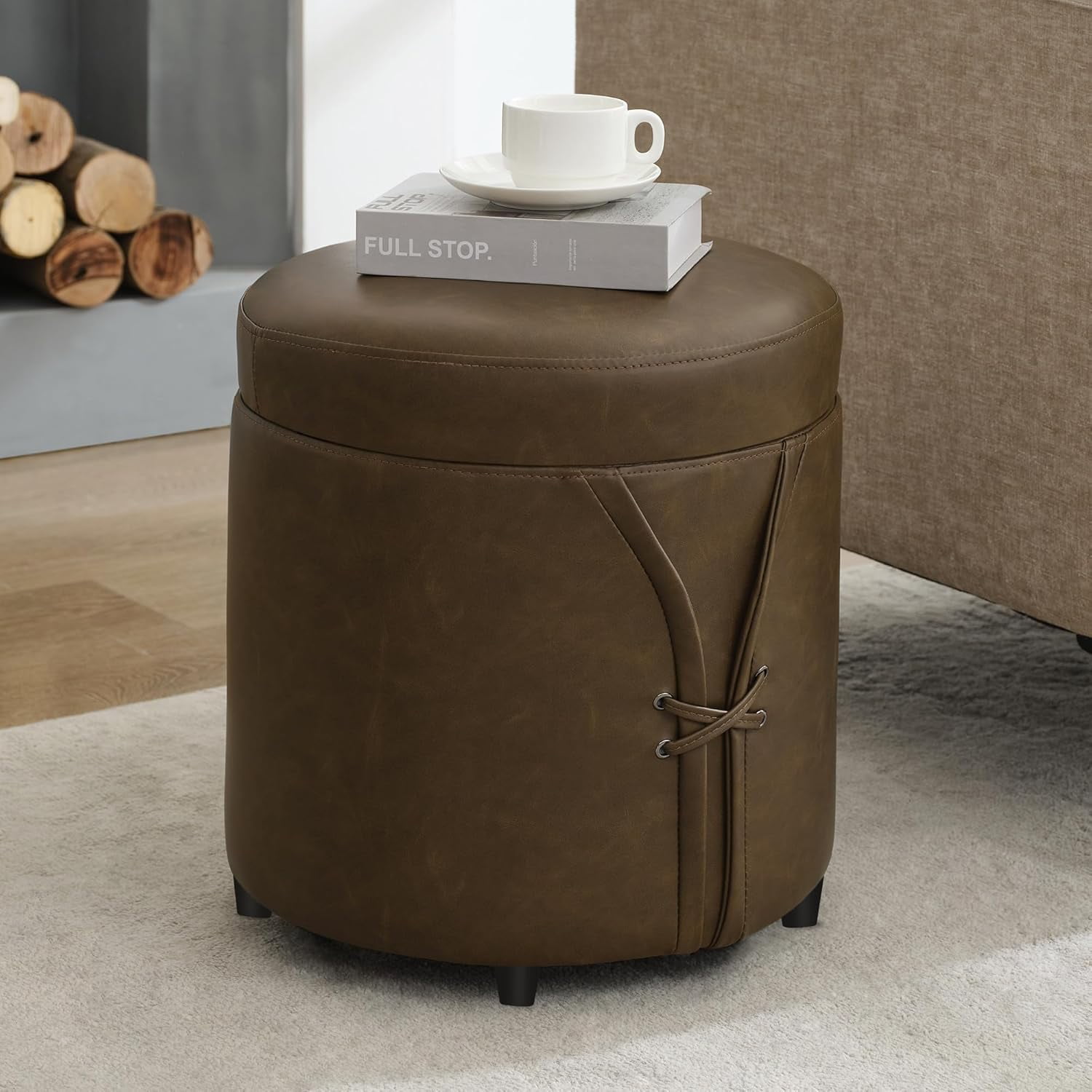 16.5 inch PU Leather Small Round Storage Ottoman Upholstered Ottoman ...