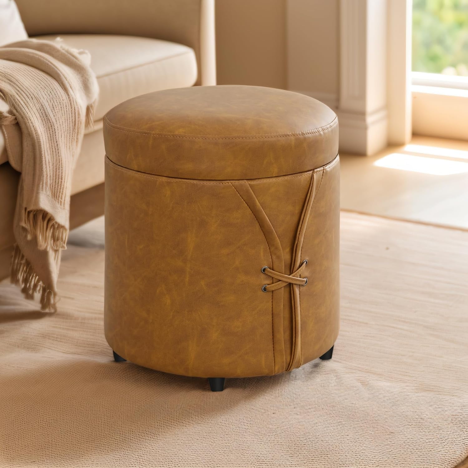 16.5 inch PU Leather Small Round Storage Ottoman Upholstered Ottoman ...