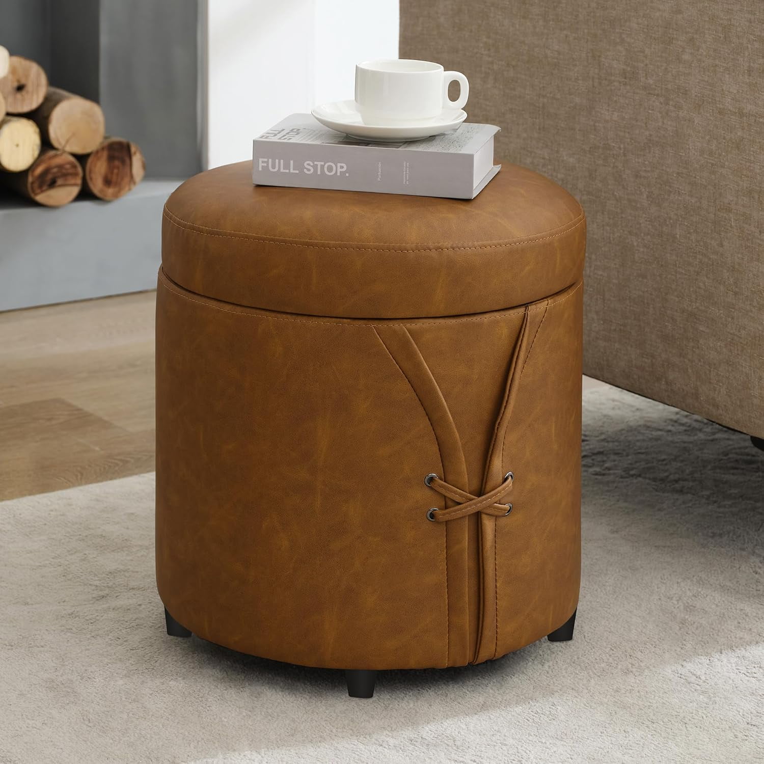 16.5 inch Stylish Leather Round Storage Ottoman, PU Small Ottoman ...