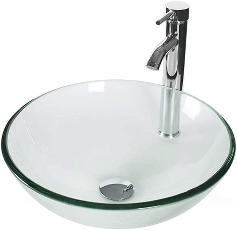 16.5 inch Tempered Glass Vessel｜Round Clear Sink Bowl｜Chrome Faucet｜Pop ...