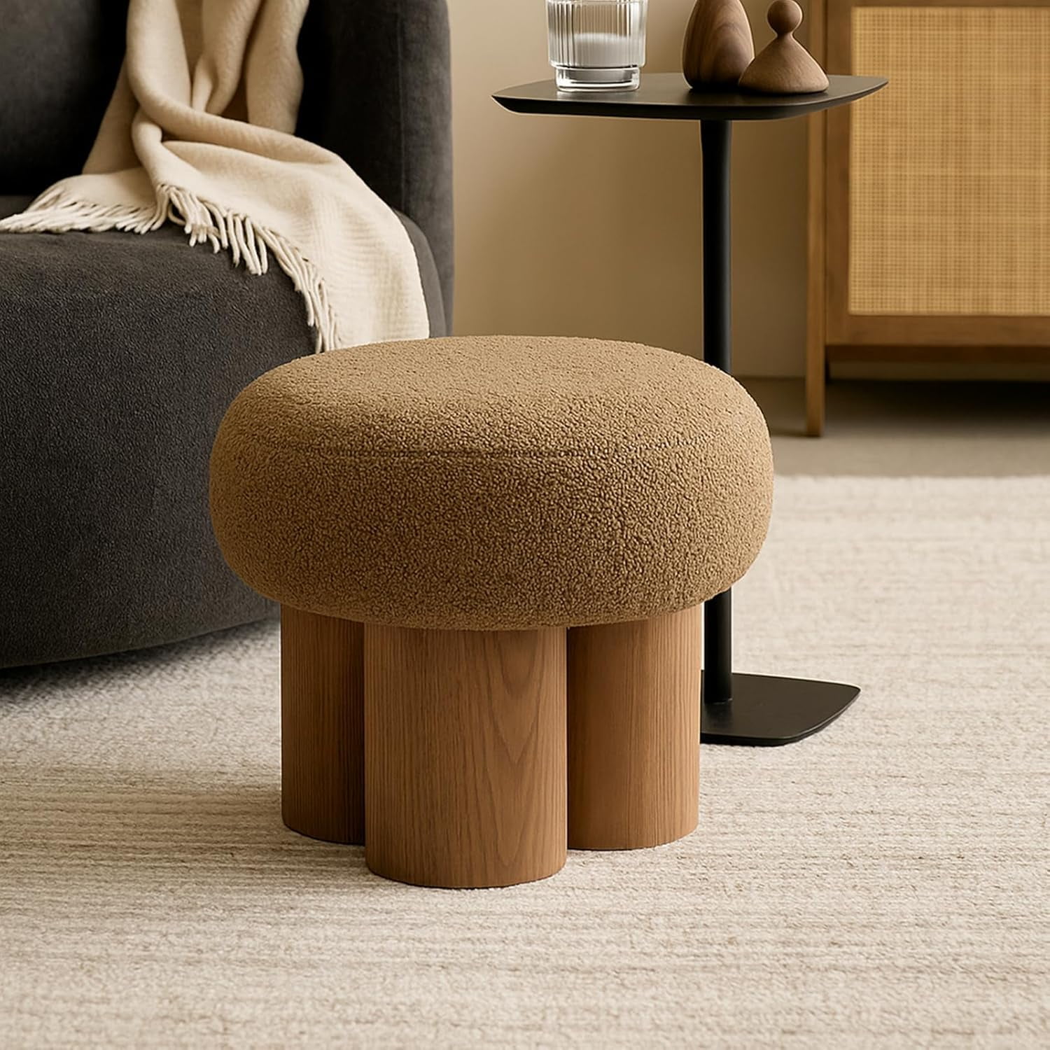 16.54''Mushroom Stool,Modern Fabric Ottoman Foot Rest,Teddy Round Foot ...