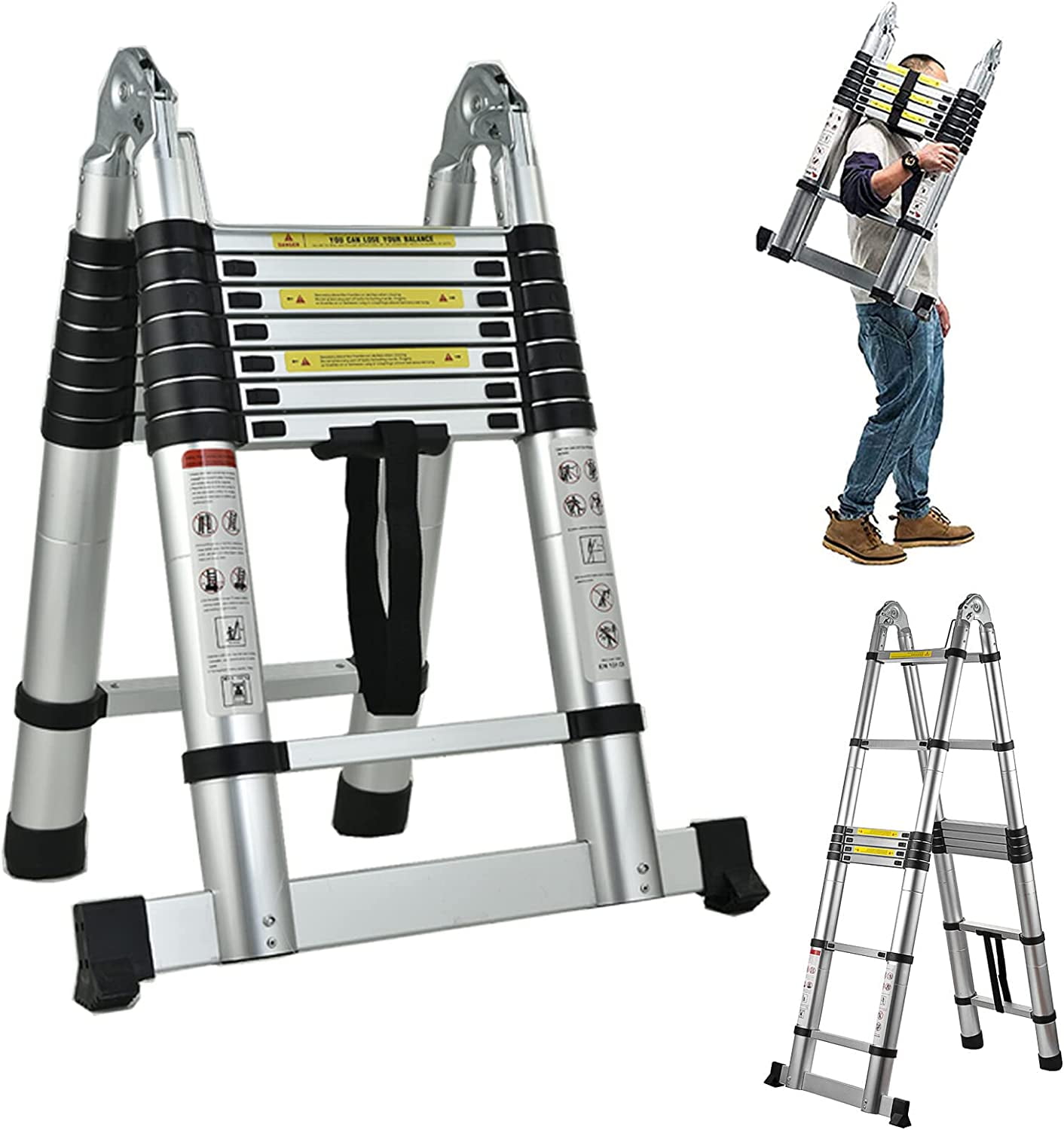 16.5FT Telescopic Folding Ladder Extension Aluminum 2.5m+2.5m A-Frame ...
